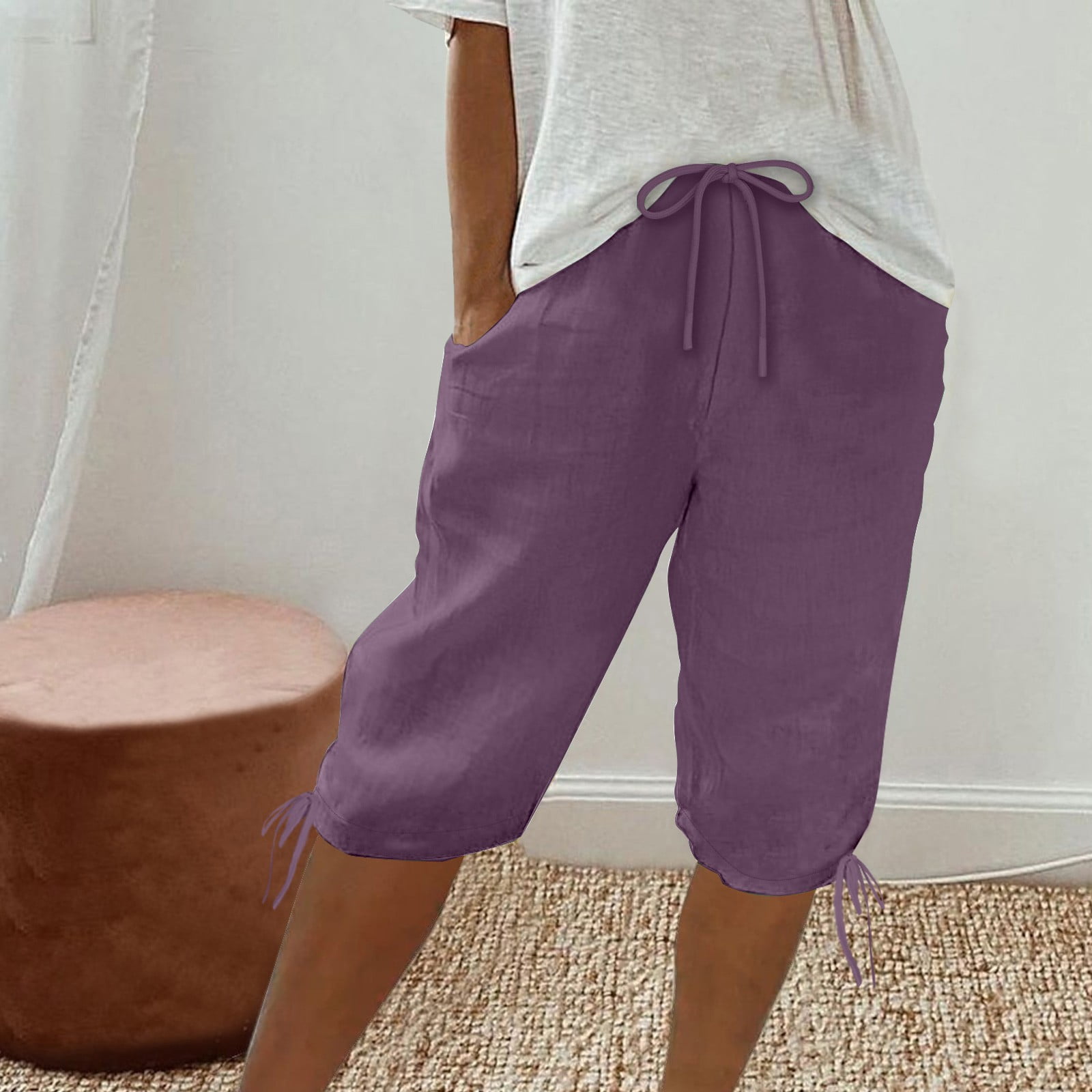 Cagogo Women Plus Size Capri Pants Drawstring Casual Loose Cropped ...