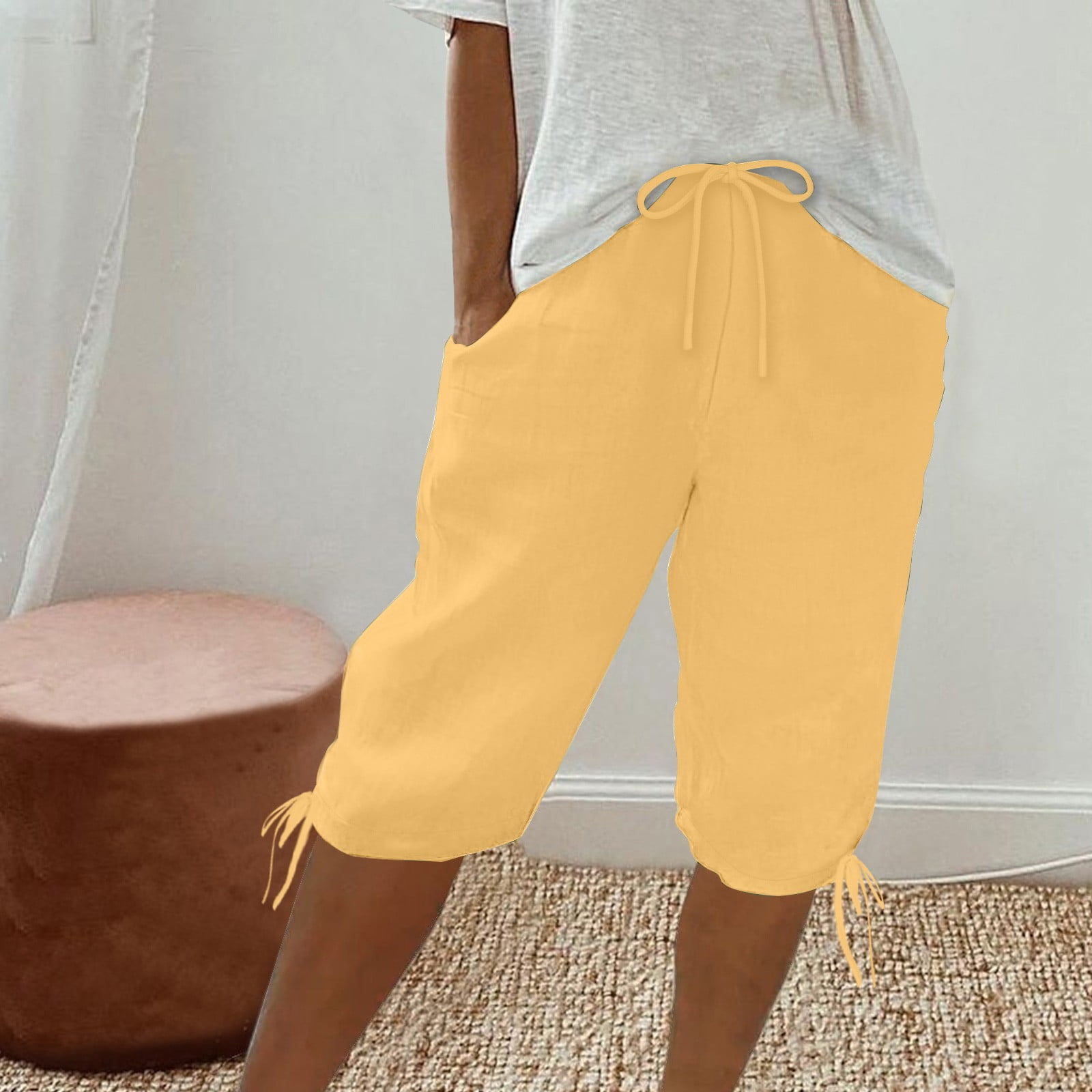 Cagogo Women Plus Size Capri Pants Drawstring Solid Casual Shorts ...