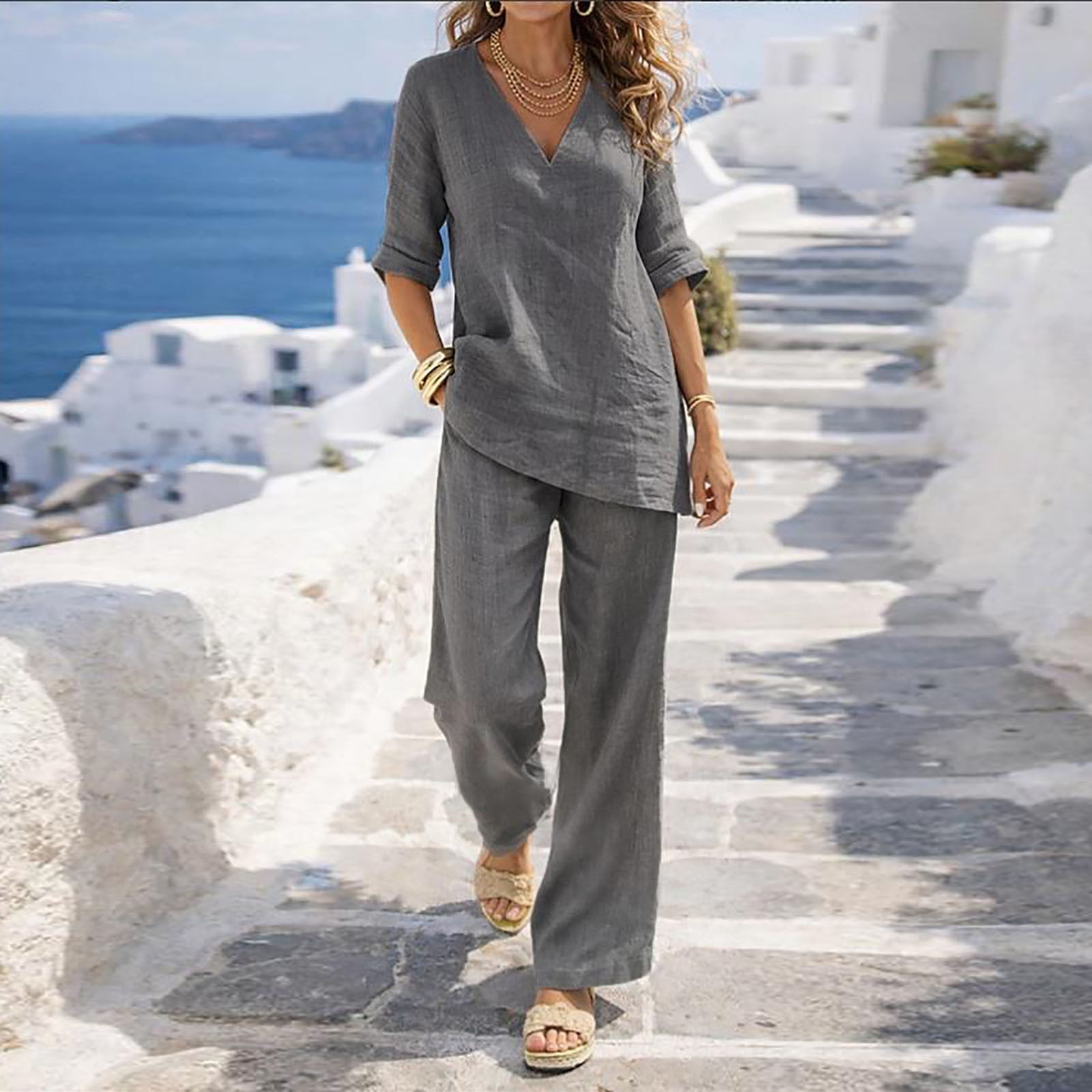 Cagogo Women Plus Size V Neck 3/4 Sleeve Two Piece Set Wide Leg Pants ...