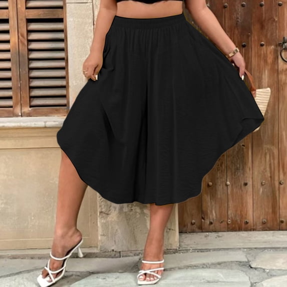Cagogo Women Plus Size Wide Leg Elastic Waist Flowy Midi Pants Casual ...