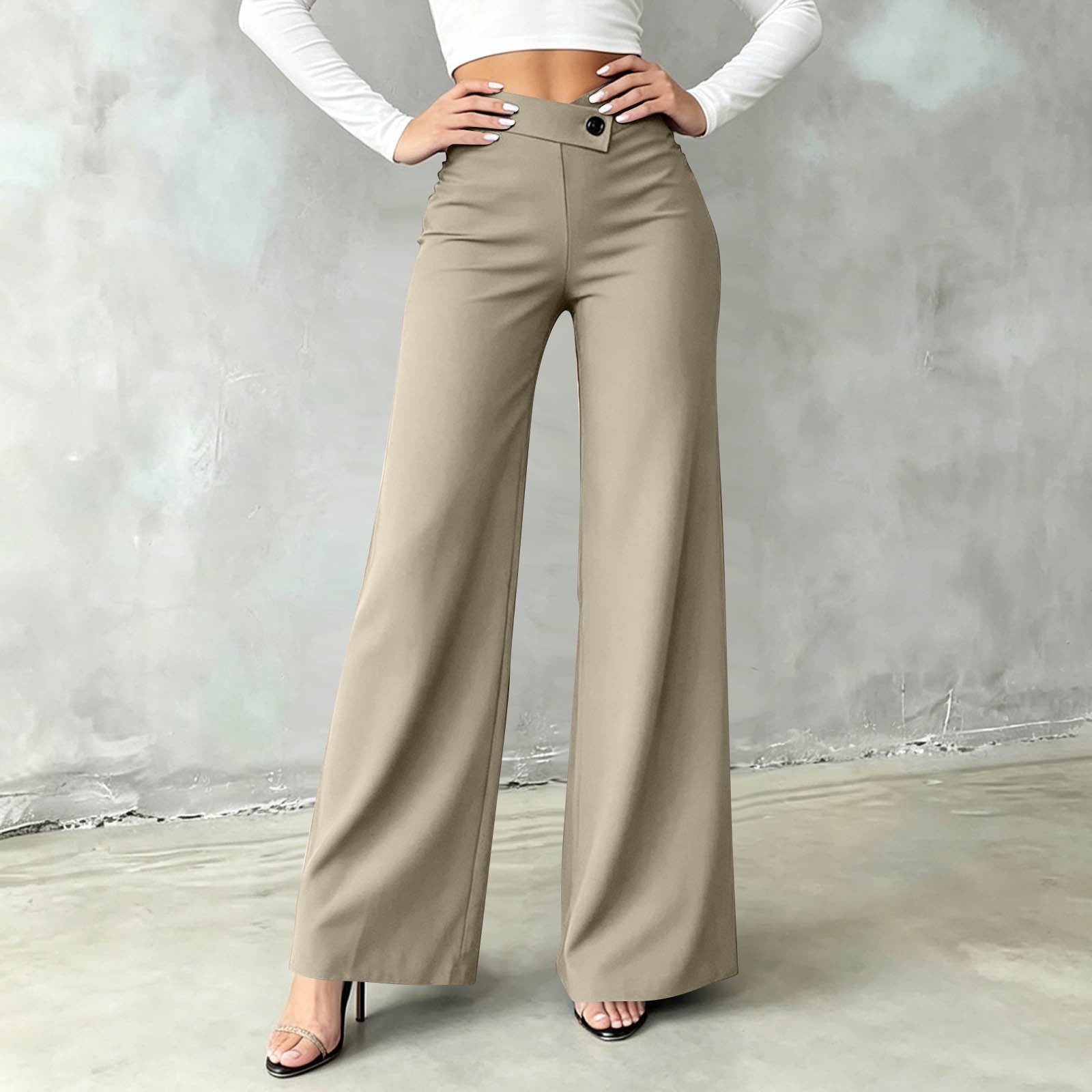 Cagogo Women Plus Size Wide Leg High Waisted Flowy Solid Elegant Office ...