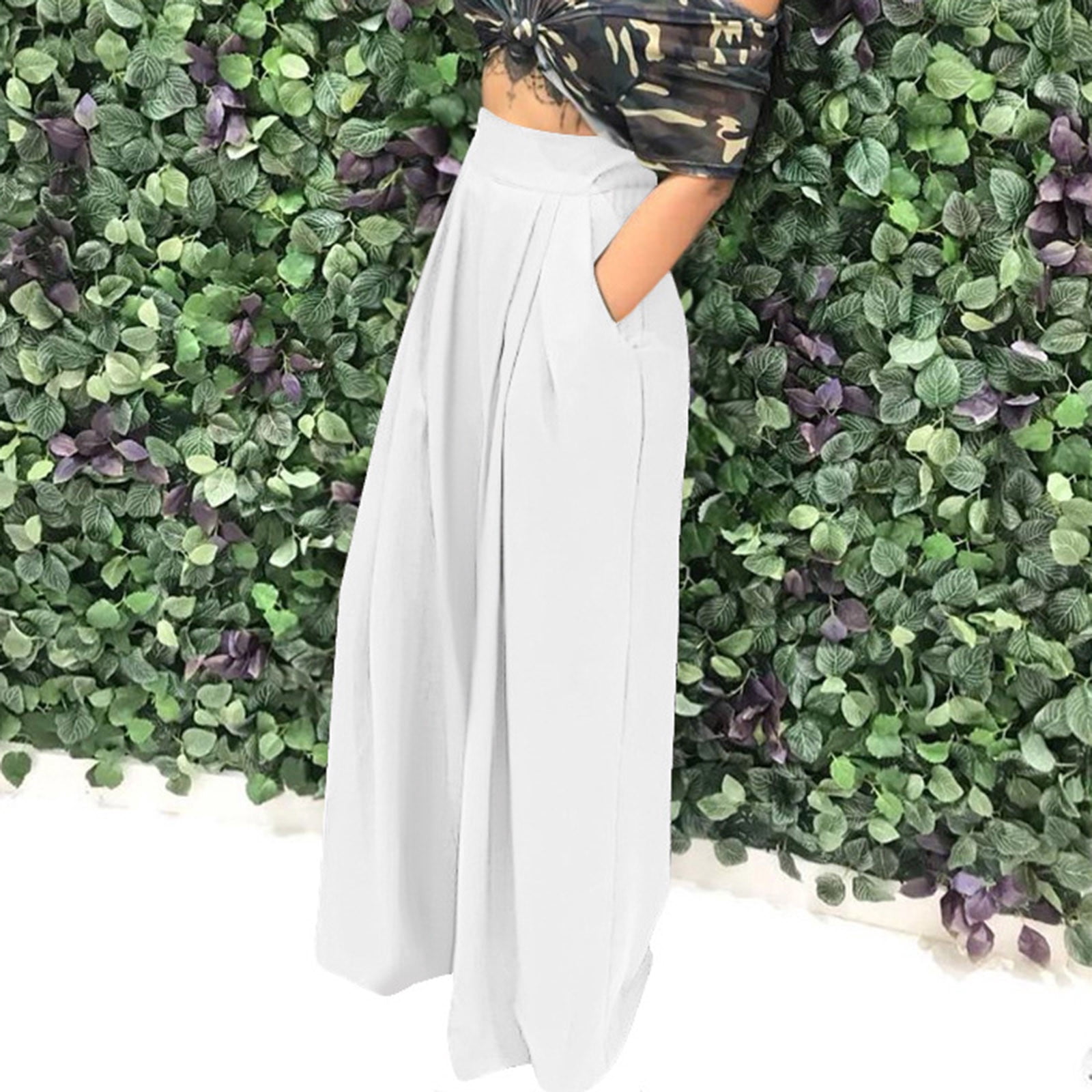 Cagogo Women Plus Size Wide Leg High Waisted Trousers with Pockets ...