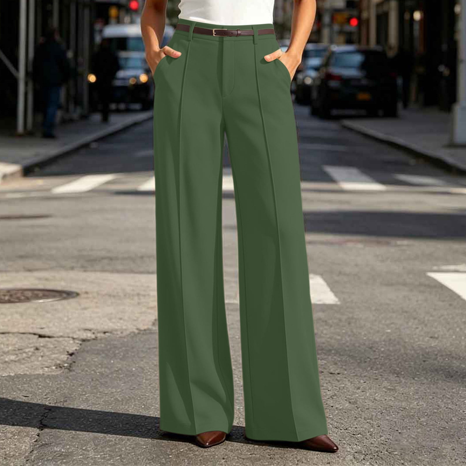 Cagogo Women Plus Size Wide Leg High Waisted Trousers with Pockets ...