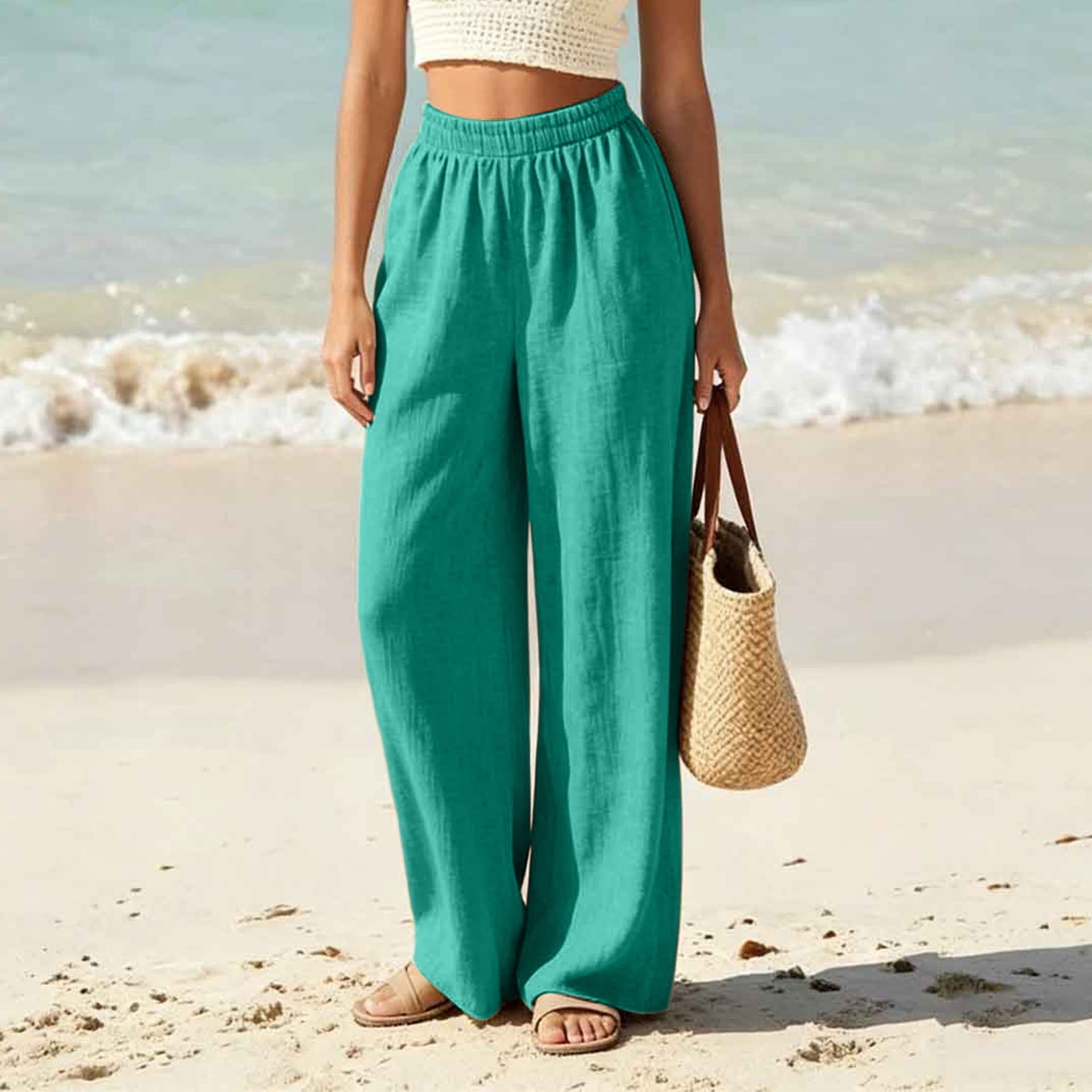 Cagogo Women Plus Size Wide Leg Pants Elastic Waist Flowy Casual Lounge ...