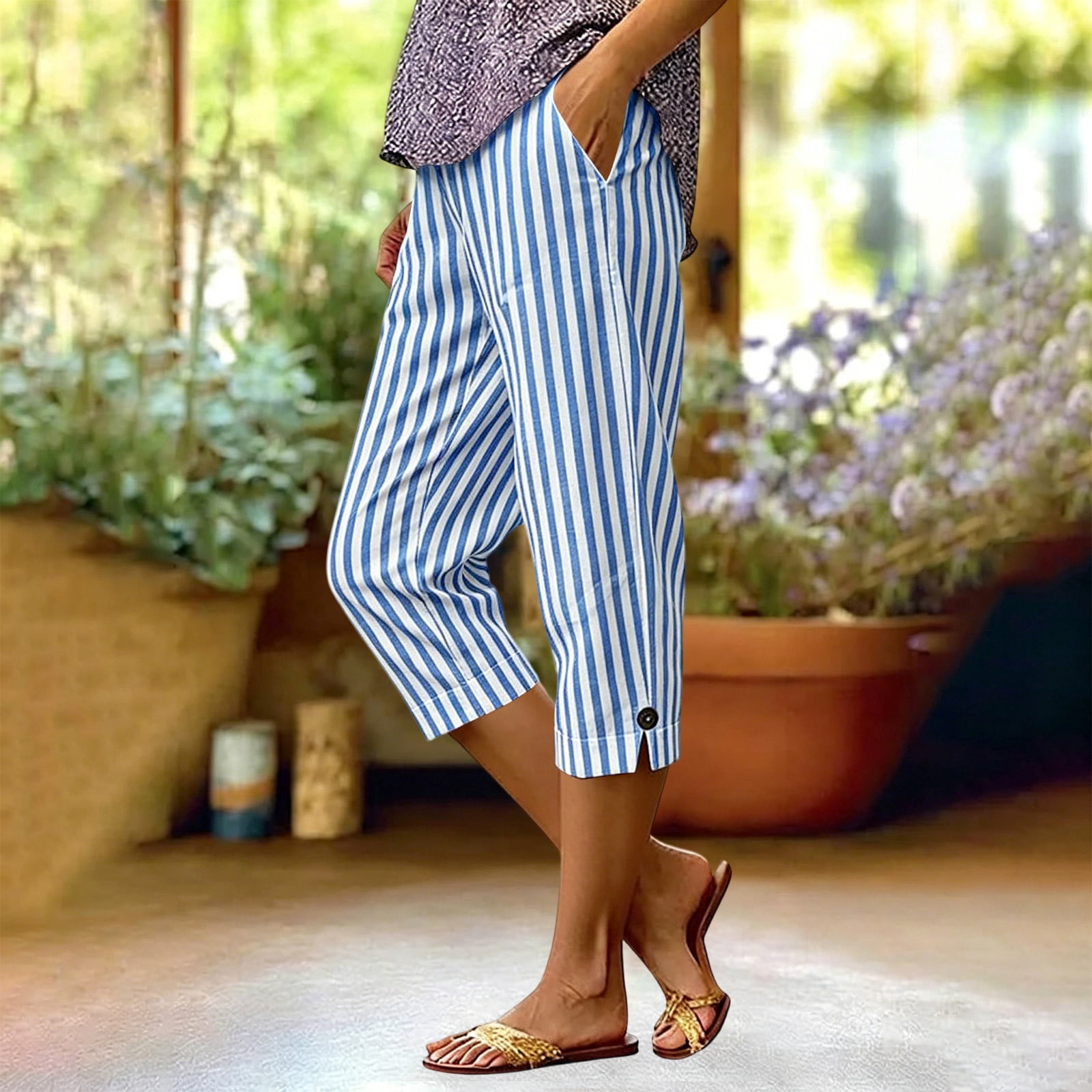 Cagogo Women Striped Capri Pants Mid Rise Flowy Casual Loose Elastic ...