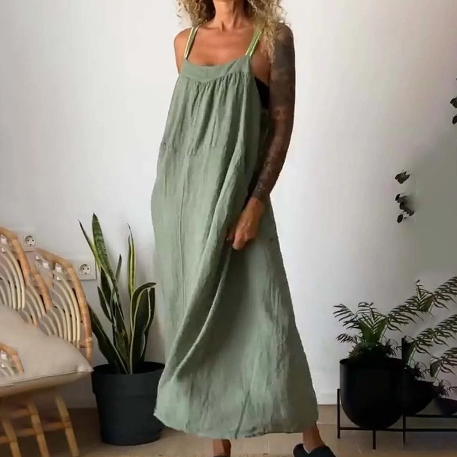 Cagogo Women Summer Baggy Flowy Cotton Linen Long Maxi Dress Curvy ...