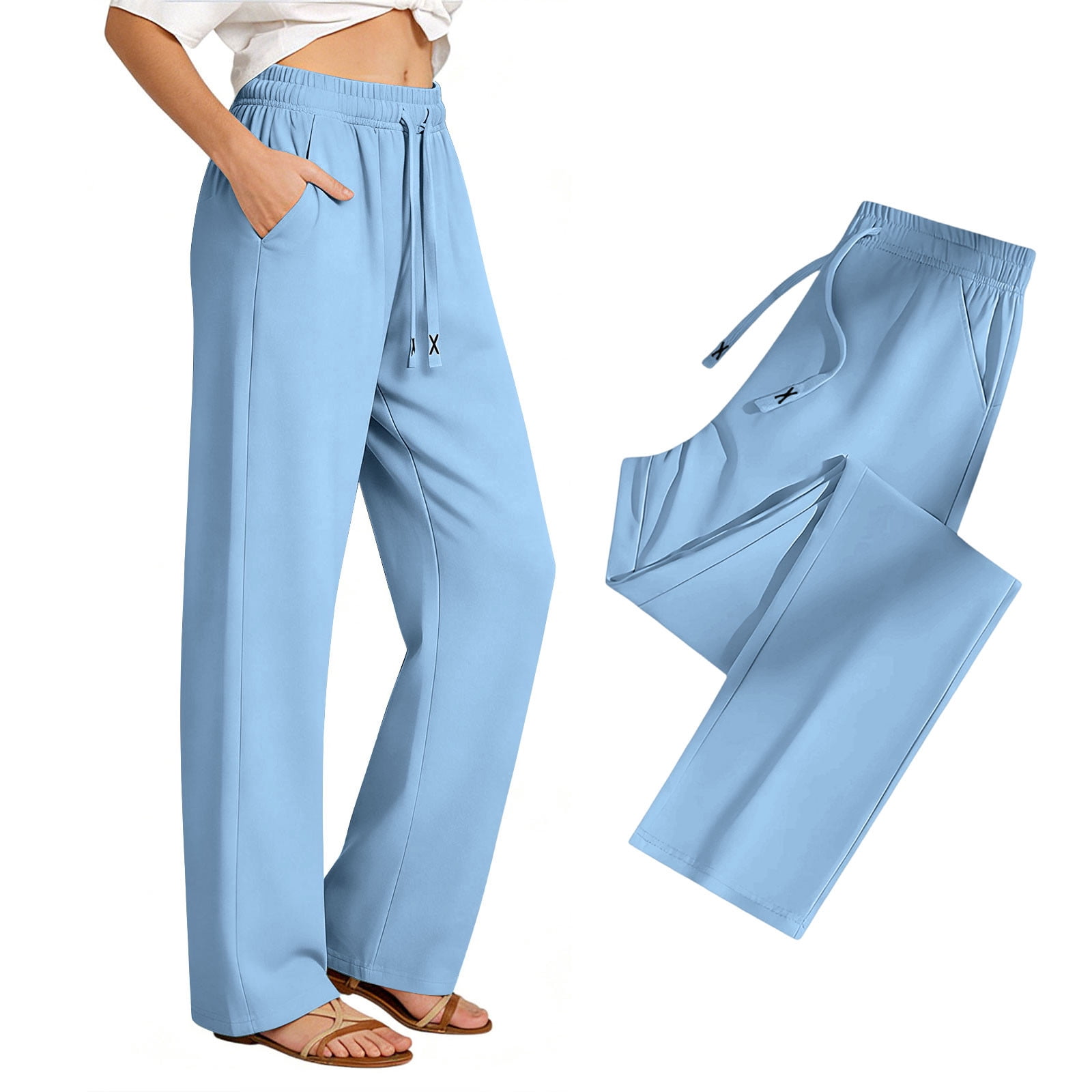 Cagogo Women Wide Leg Elastic Waist Pants with Pockets Casual Loose ...