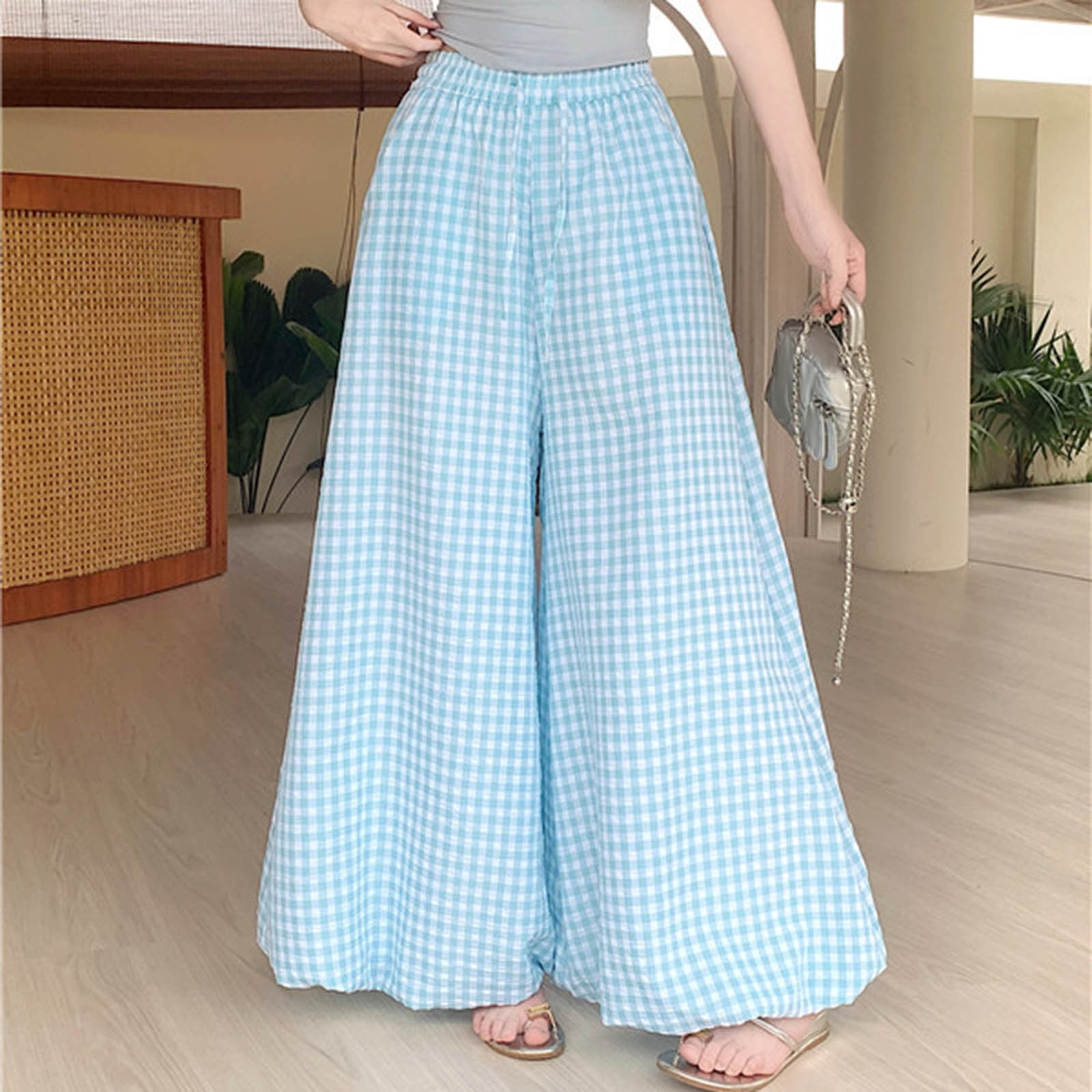Cagogo Women Wide Leg High Waisted Flowy Plaid Pants Casual Long ...