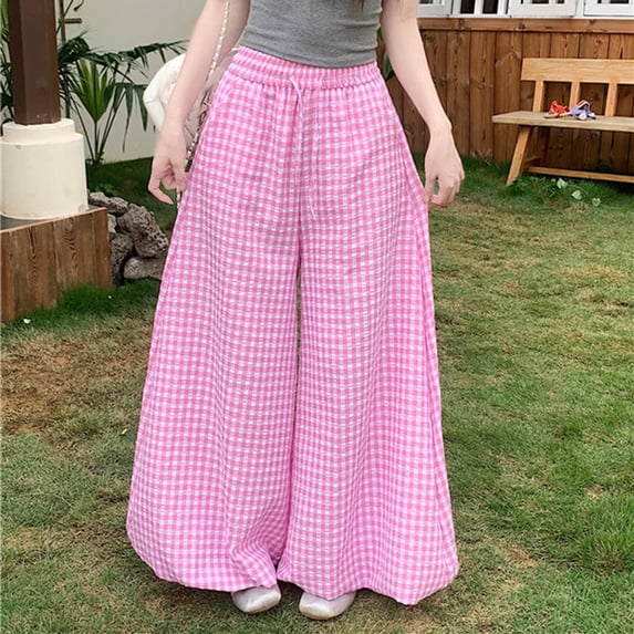 Cagogo Women Wide Leg High Waisted Flowy Plaid Pants Casual Long ...