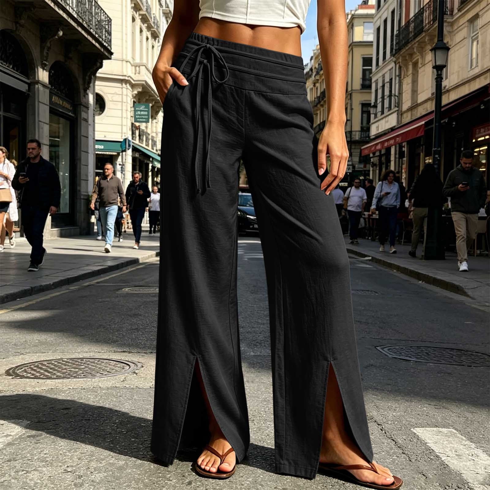 Cagogo Women Wide Leg High Waisted Side Slit Lounge Pants with Pockets ...