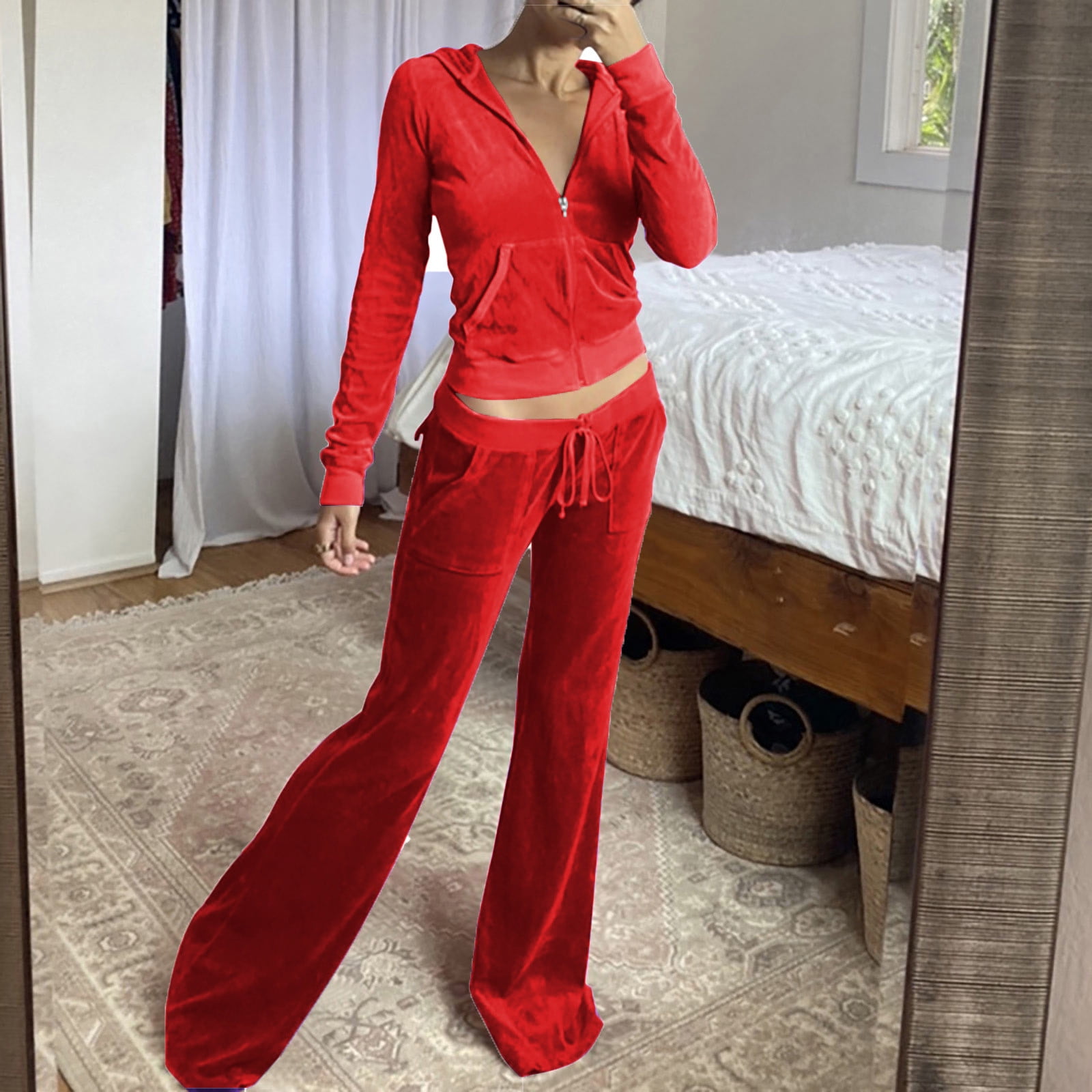 Cagogo Women's 2 Piece Hoodie Set V Neck Long Sleeve Wide Leg Pants ...