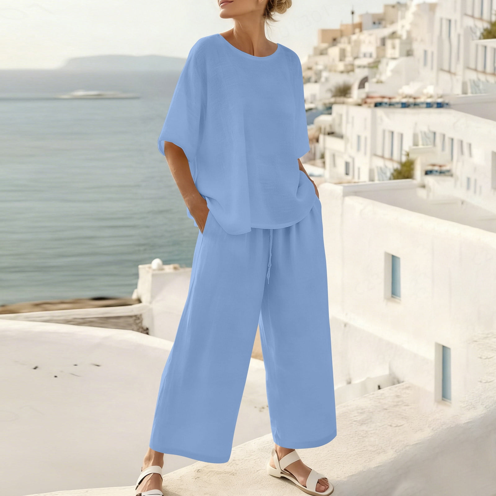 Cagogo Women's 2 Piece Outfit Set Casual Round Neck Short Sleeve Tshirt ...