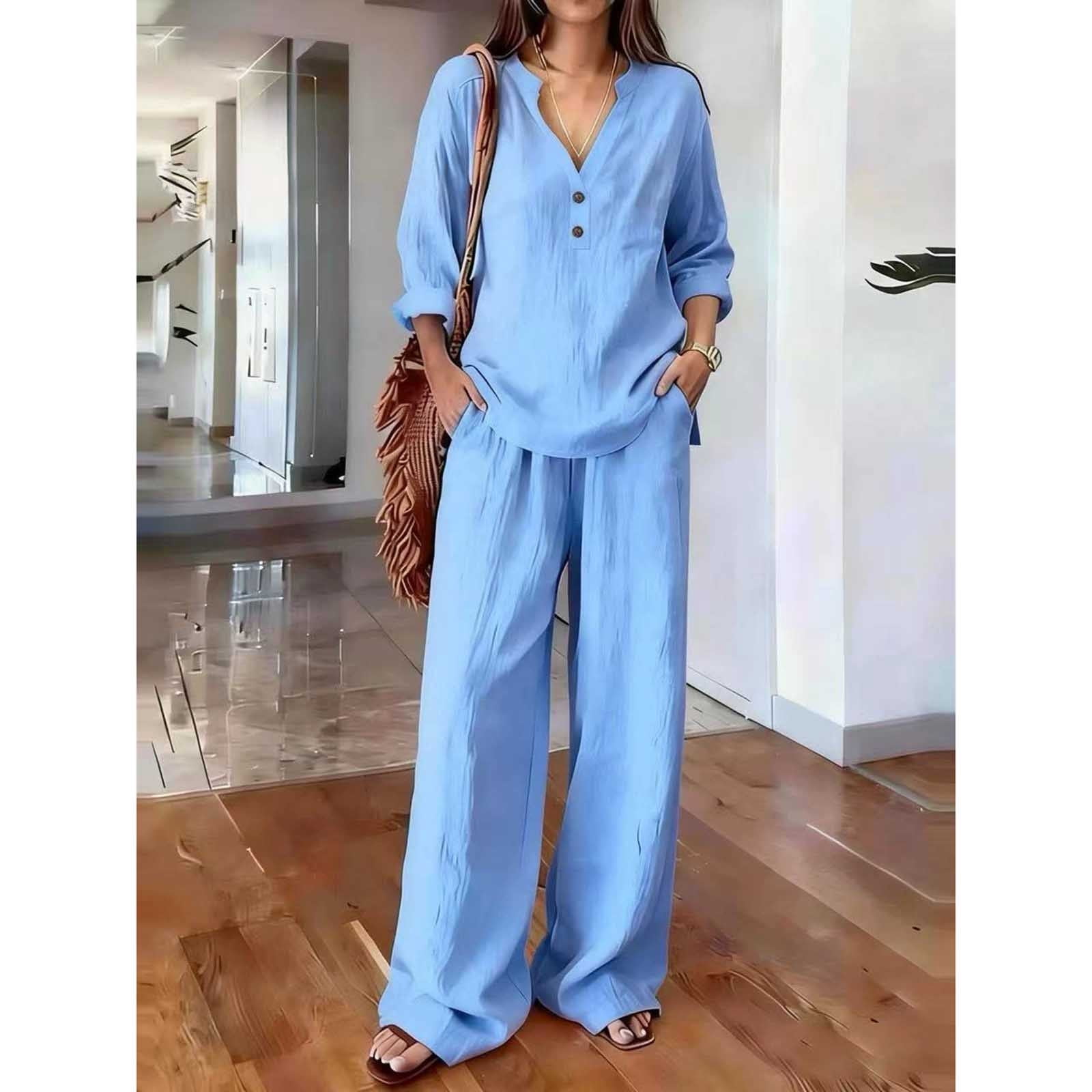 Cagogo Women's 2 Piece Outfit V Neck Long Sleeve Shirt Wide Leg Pants ...