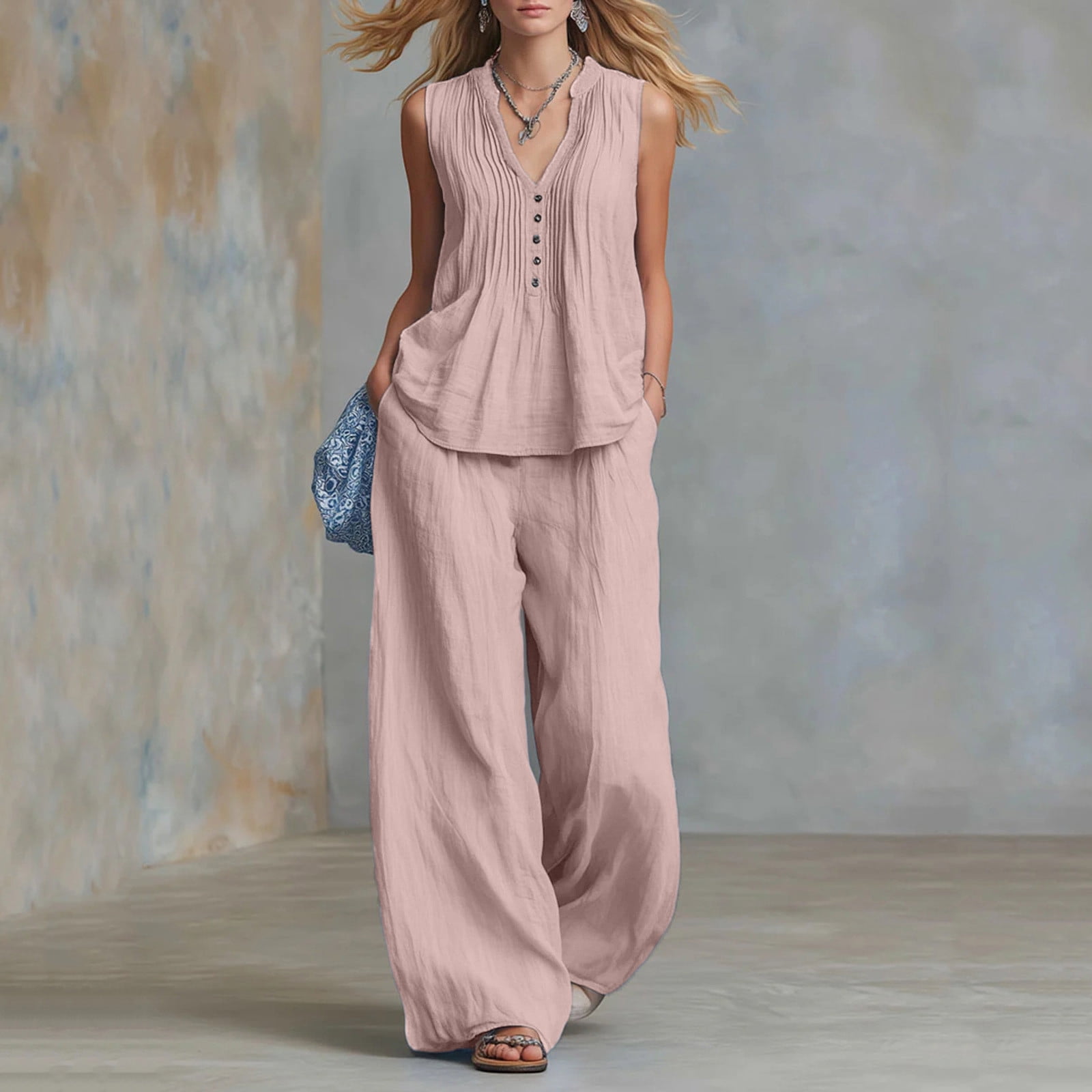 Cagogo Women's 2 Piece Outfits V Neck Sleeveless Blouse Wide Leg Pants ...