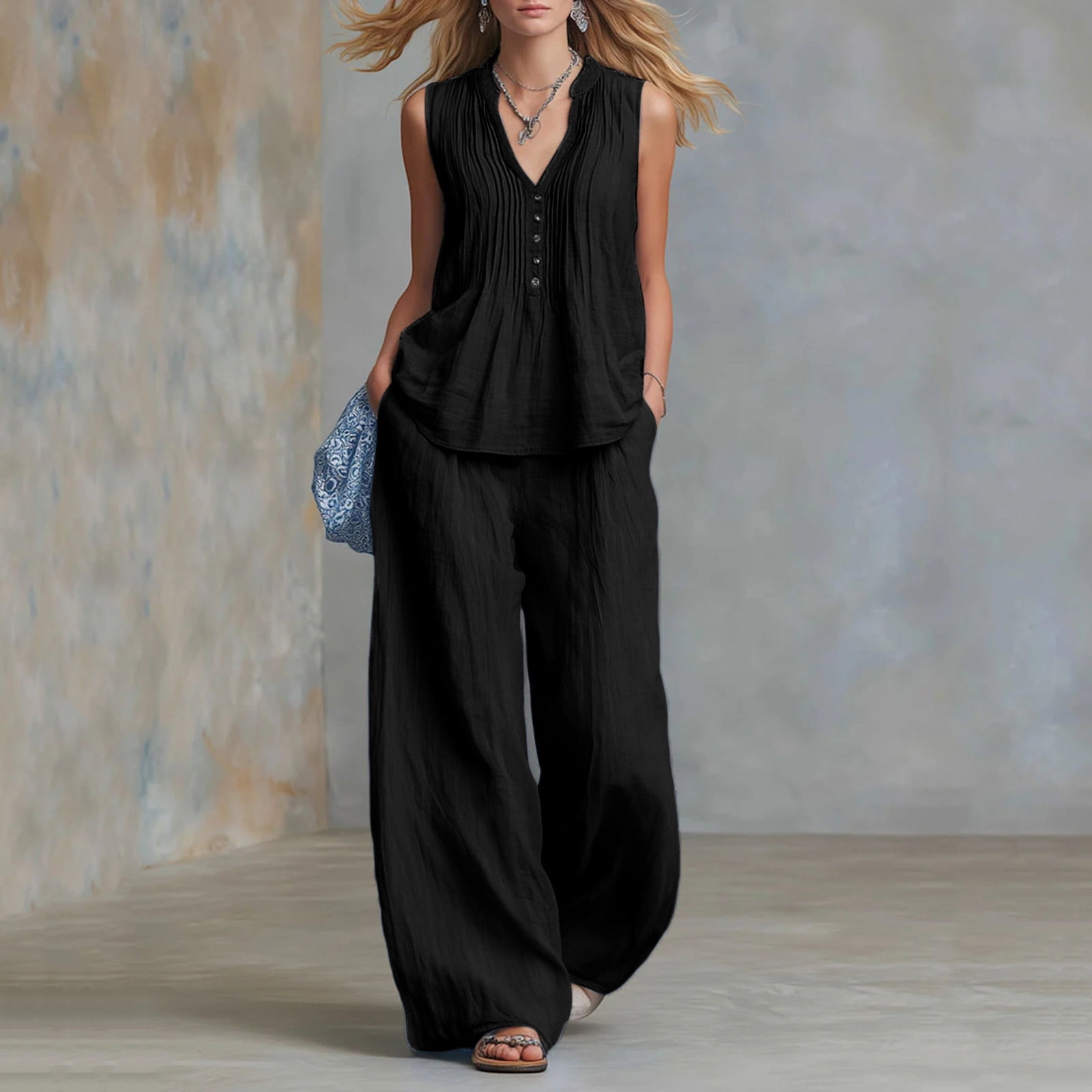 Cagogo Women's 2 Piece Outfits V Neck Sleeveless Blouse Wide Leg Pants ...