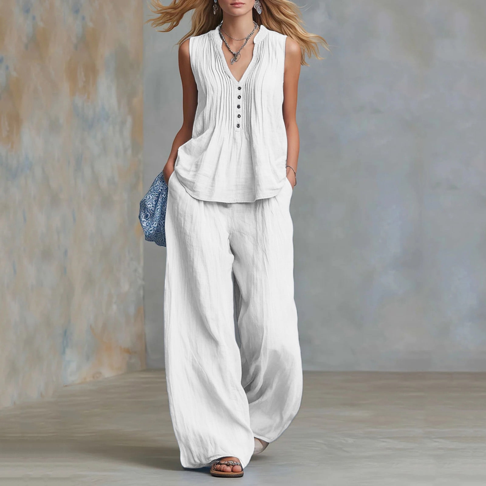 Cagogo Women's 2 Piece Outfits V Neck Sleeveless Blouse Wide Leg Pants ...