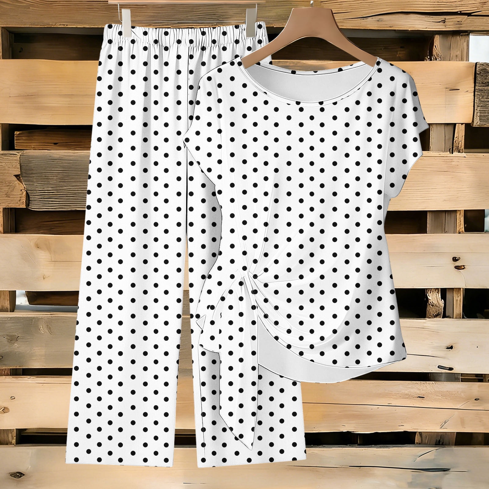 Cagogo Women's 2 Piece Polka Dot Short Sleeve Tshirt Wide Leg Pants Set ...