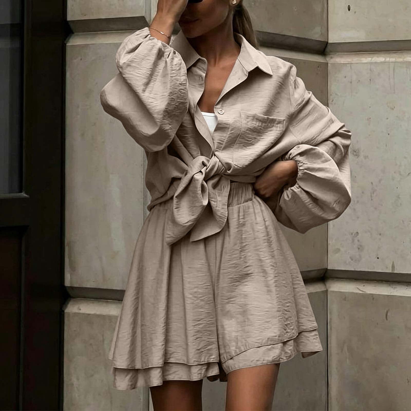 Cagogo Women's 2 Piece Puff Sleeve Shirt Set Elastic Waisted Shorts ...
