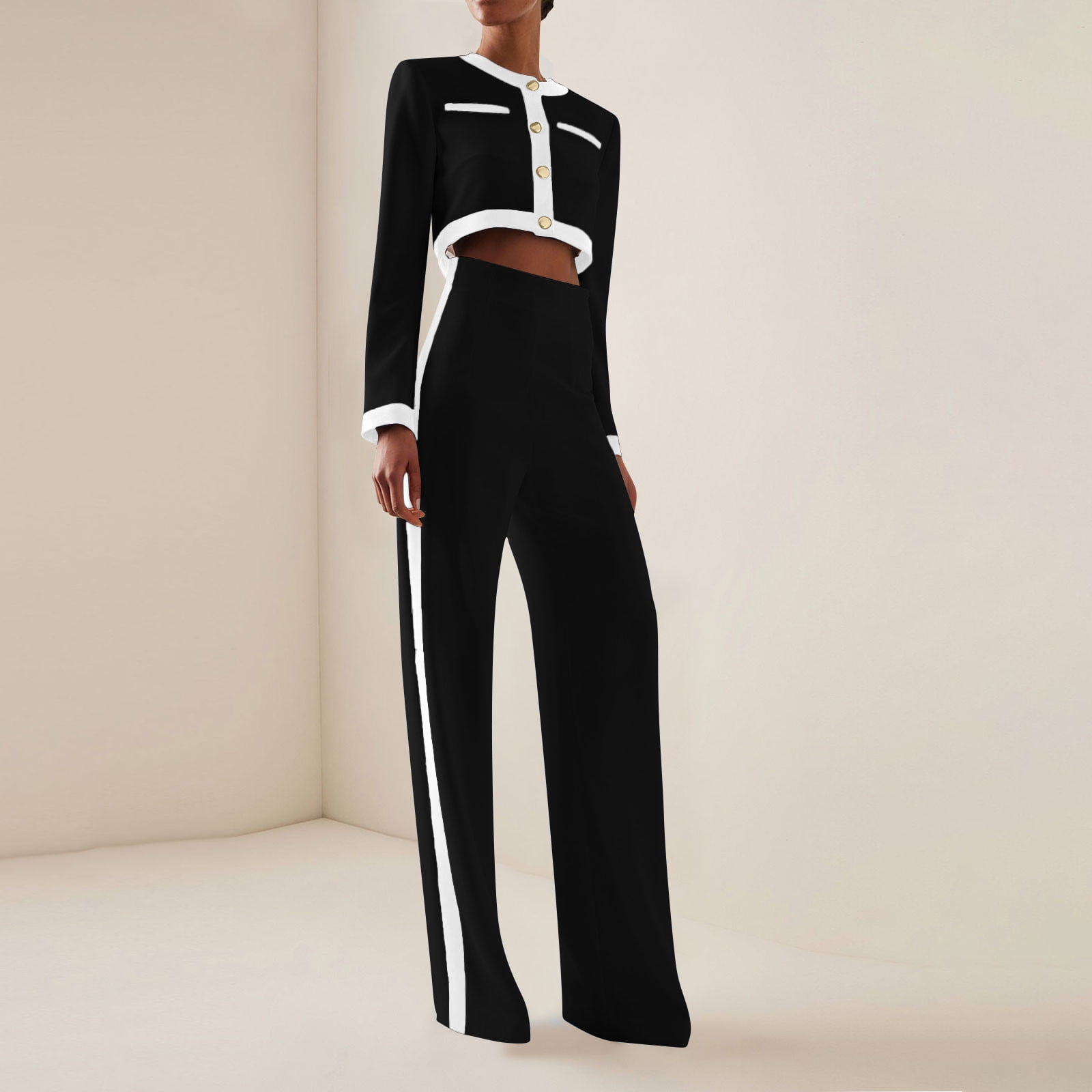 Cagogo Women's 2 Piece Set Collared Long Sleeve Crop Top Wide Leg Pants ...