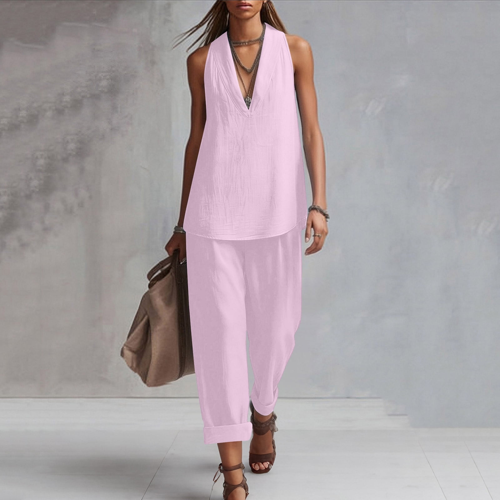 Cagogo Women's 2 Piece Set V Neck Sleeveless Tank Top Wide Leg Pants ...