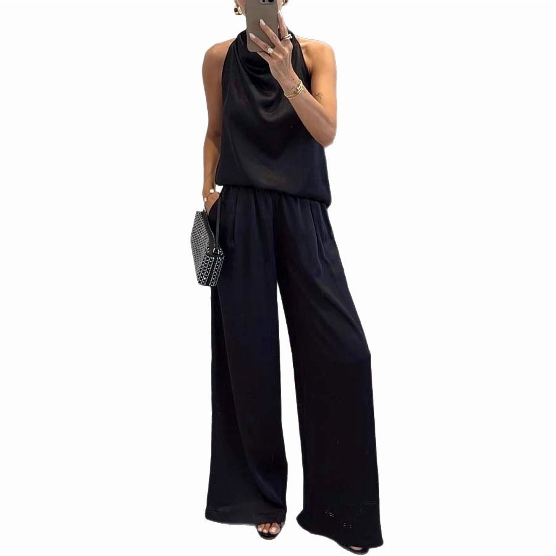 Cagogo Women's 2 Piece Sets High Neck Sleeveless Loose Fit Solid Color ...