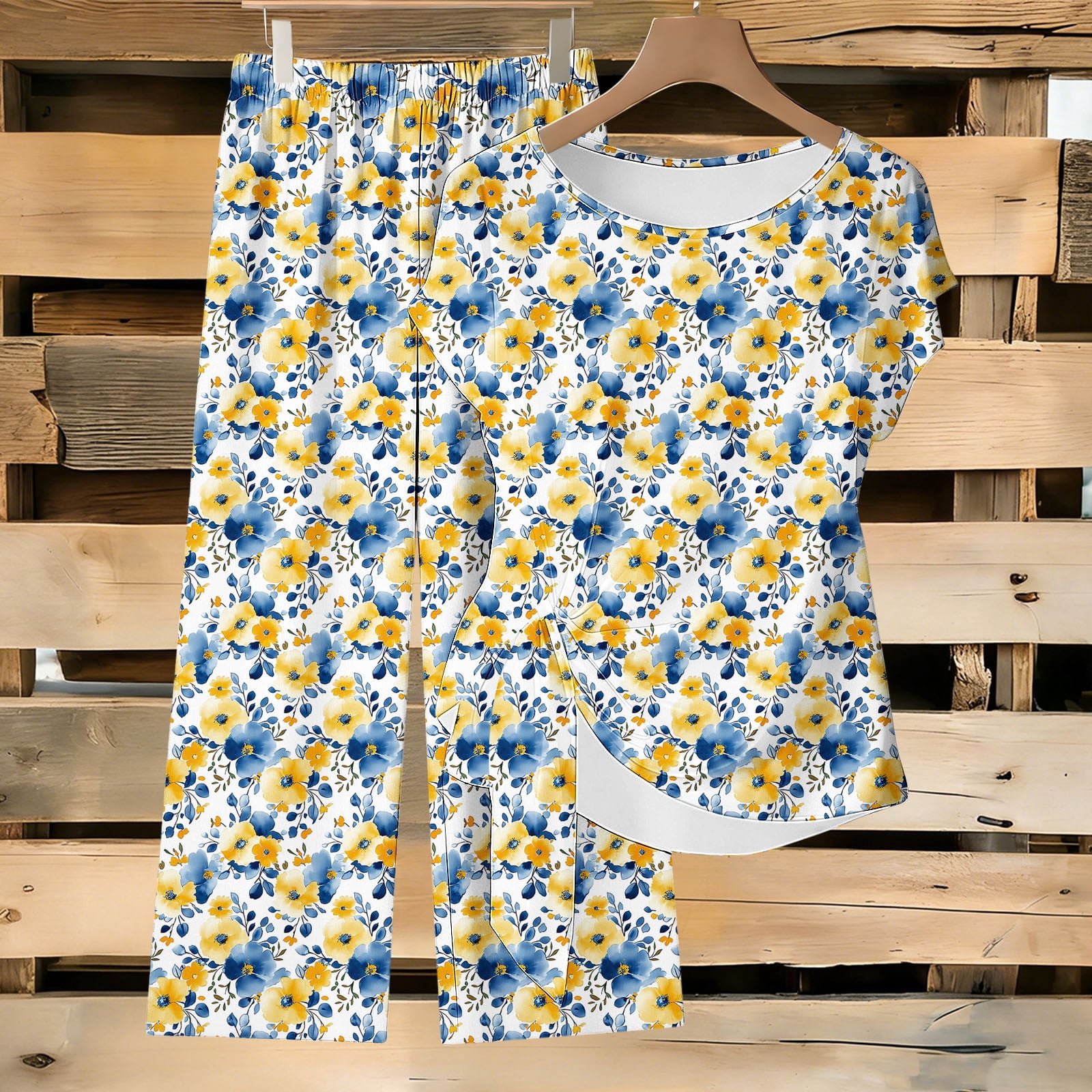 Cagogo Women's 2 Piece Short Sleeve Top and Elastic Waist Pants Floral ...