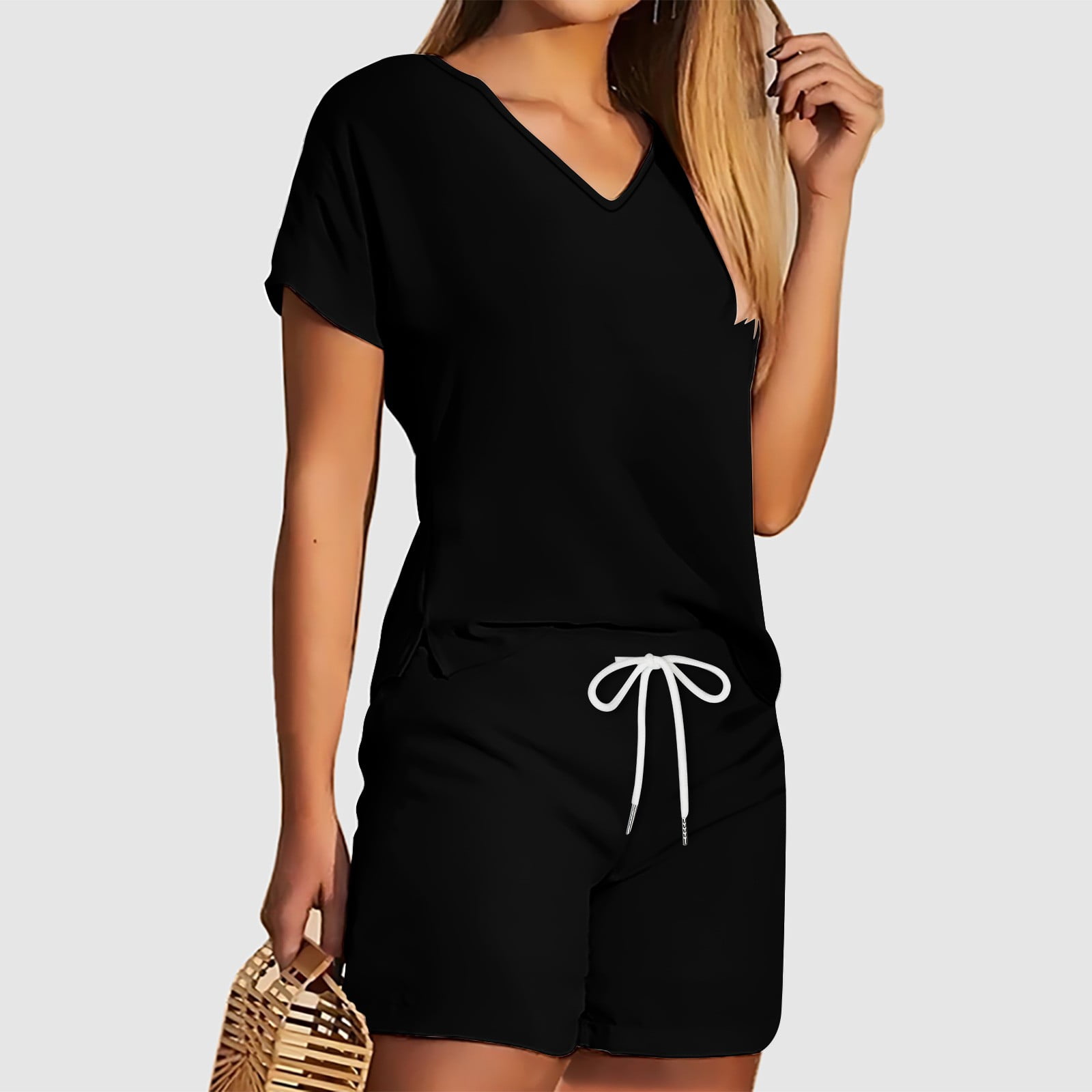 Cagogo Women's 2 Piece Shorts Set Casual V Neck Short Sleeve Tshirt ...