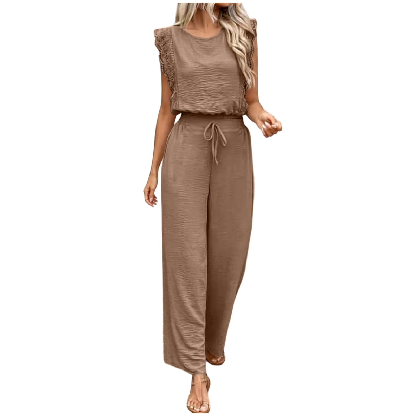 Cagogo Women's 2 Piece Sleeveless Round Neck Top Wide Leg Pants Set ...