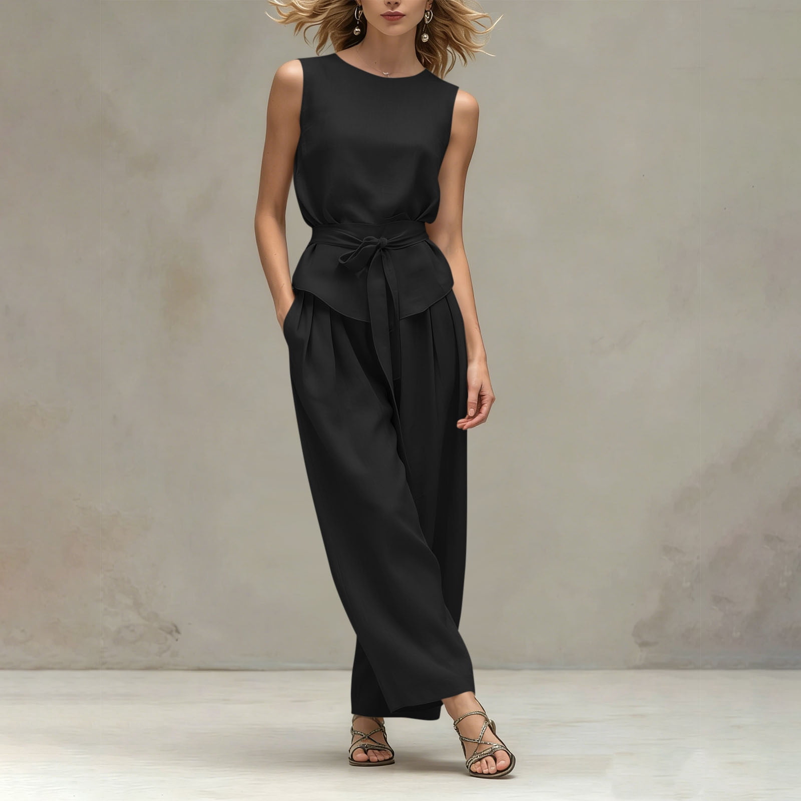 Cagogo Women's 2 Piece Sleeveless Tank Top Wide Leg Pants Set Casual ...