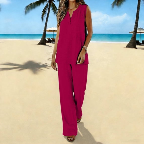 Cagogo Women's 2 Piece Sleeveless Tank Top Wide Leg Pants Set Casual ...