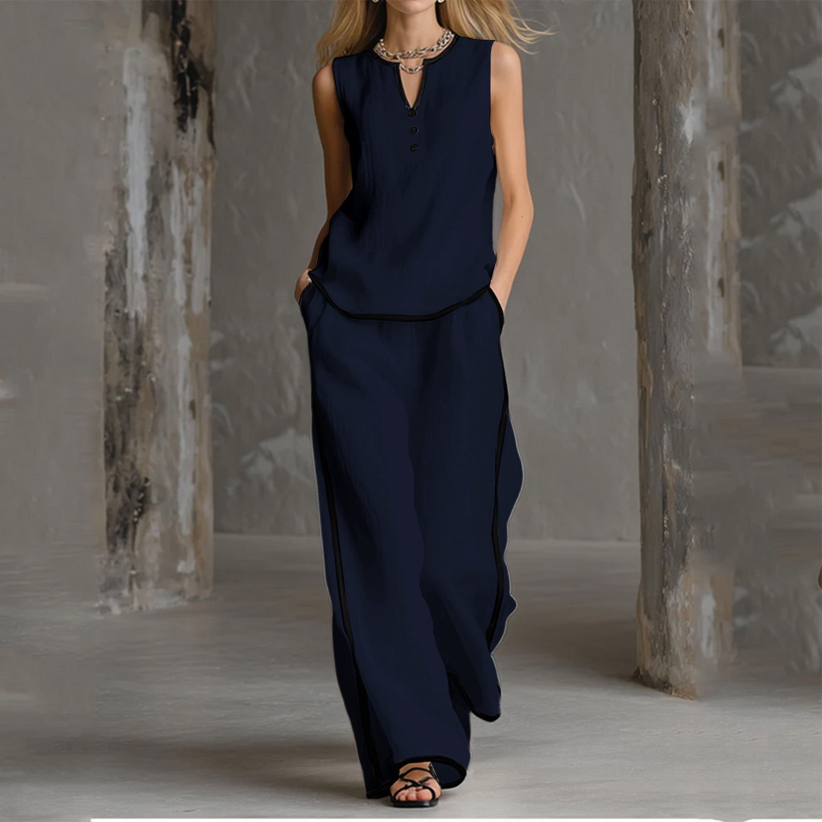 Cagogo Women's 2 Piece Sleeveless V Neck T-Shirt Wide Leg Pants Set ...