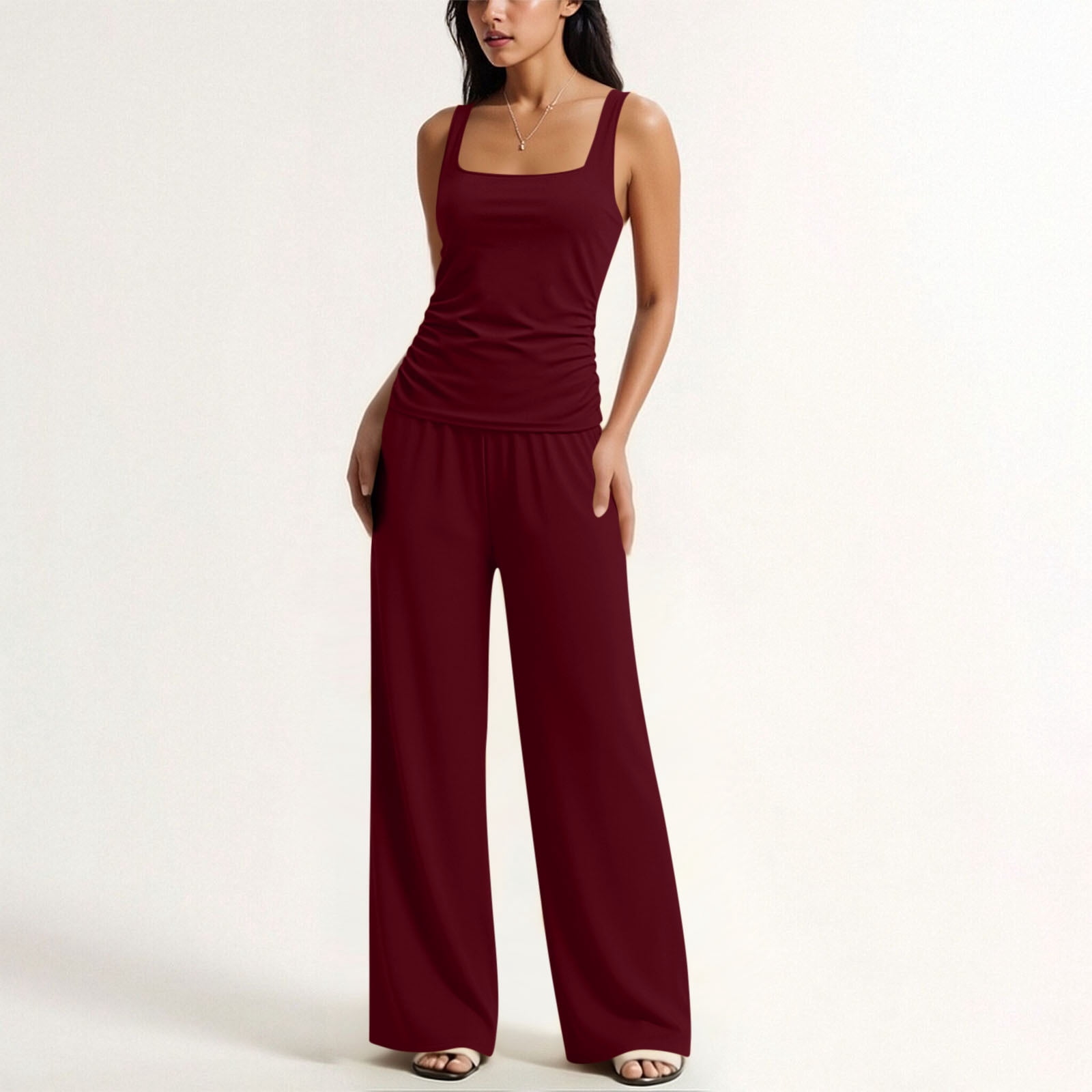 Cagogo Women's 2 Piece Square Neck Sleeveless Tank Top Wide Leg Pants ...