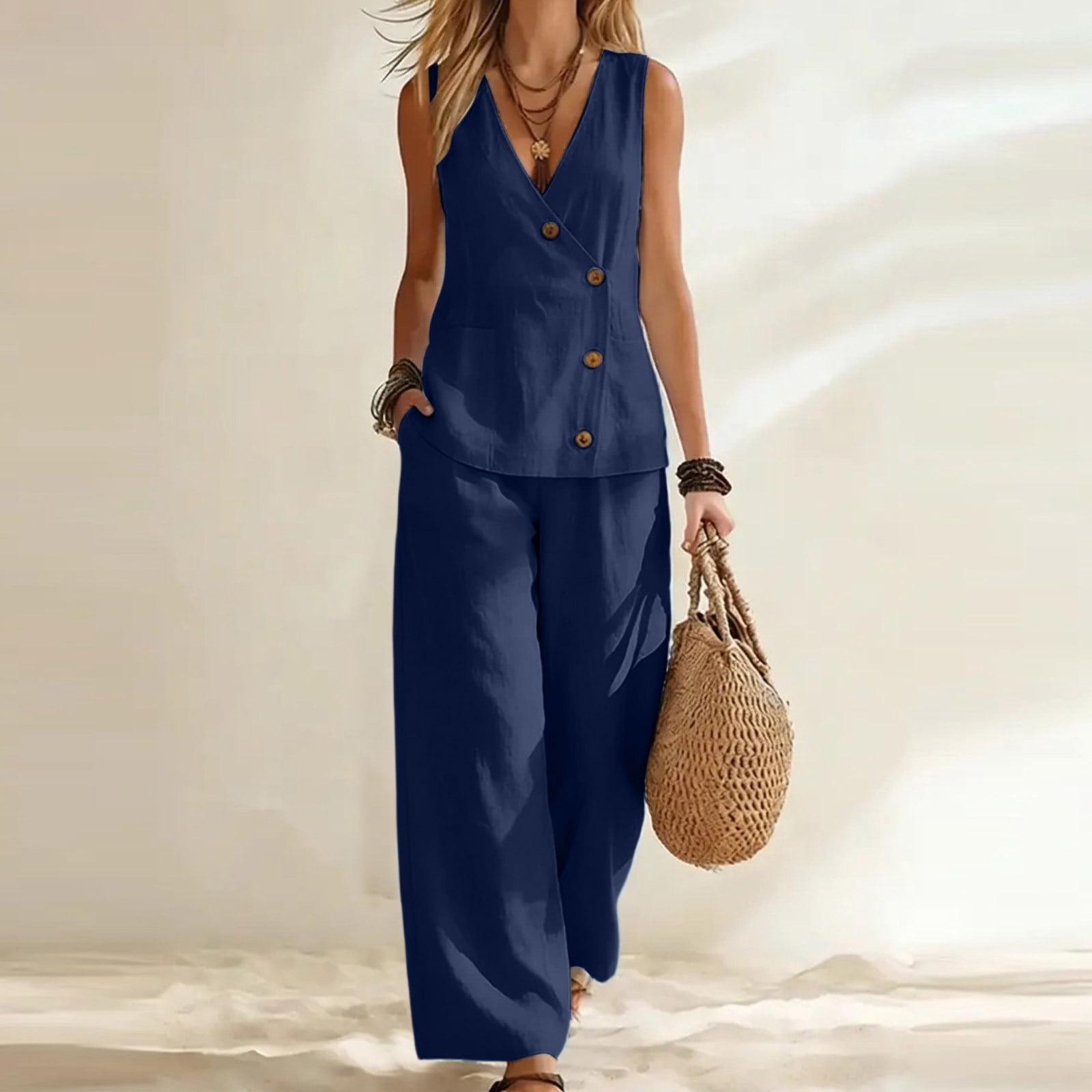 Cagogo Women's 2 Piece Summer Set V Neck Sleeveless Suit Pants Wide Leg ...