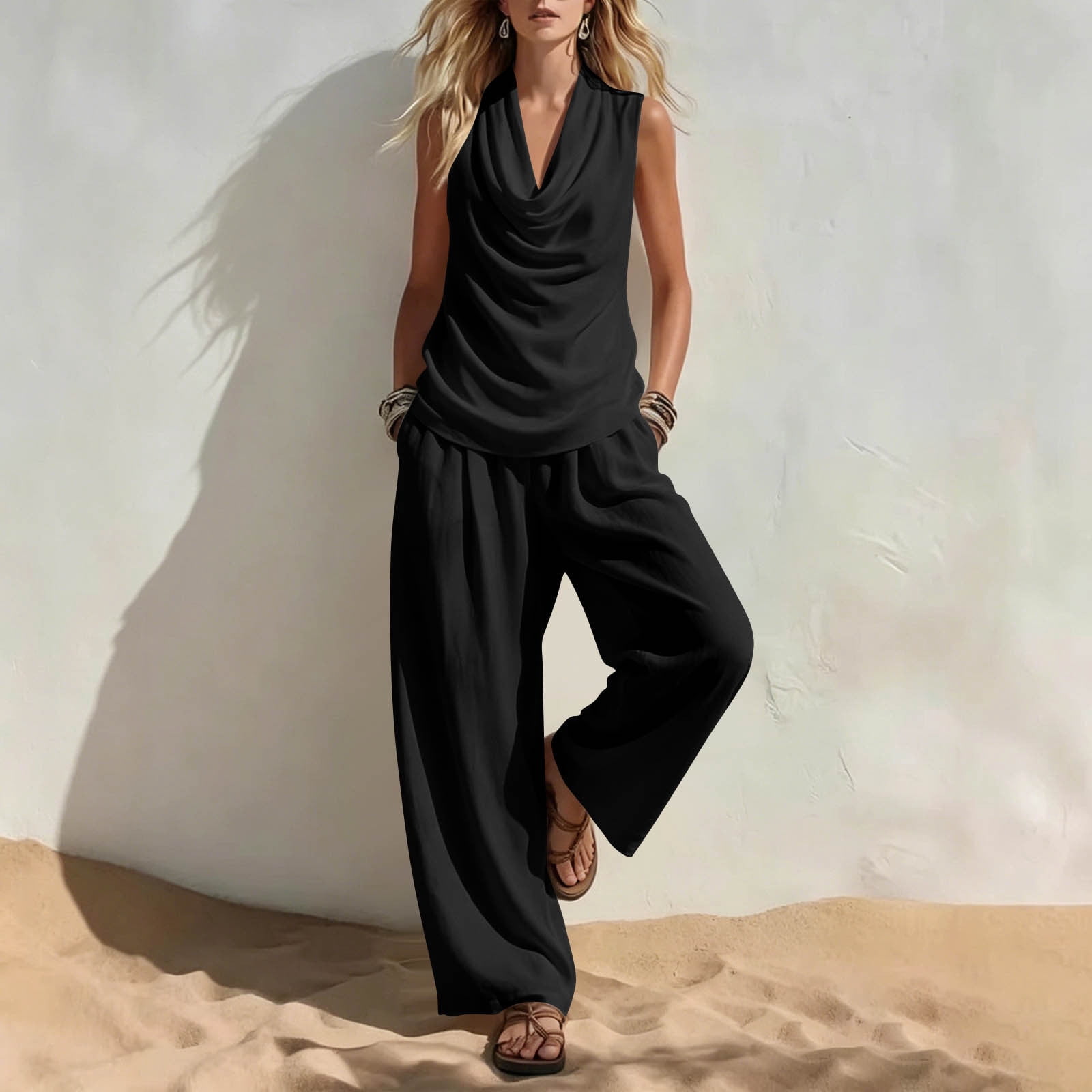 Cagogo Women's 2 Piece Tank Top Set Sleeveless V Neck Loose Casual ...