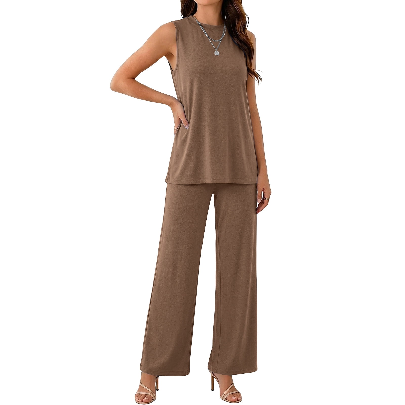 Cagogo Women's 2 Piece Tank Top Wide Leg Pants Set Casual Solid ...
