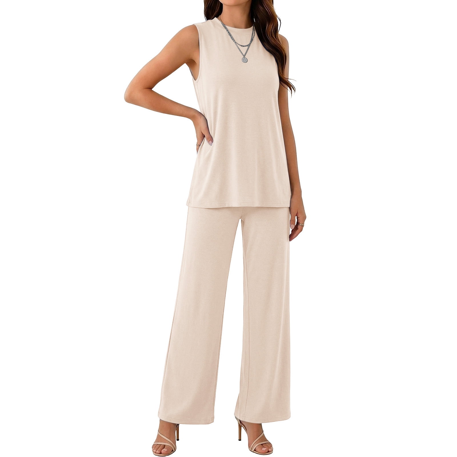 Cagogo Women's 2 Piece Tank Top Wide Leg Pants Set Casual Solid ...