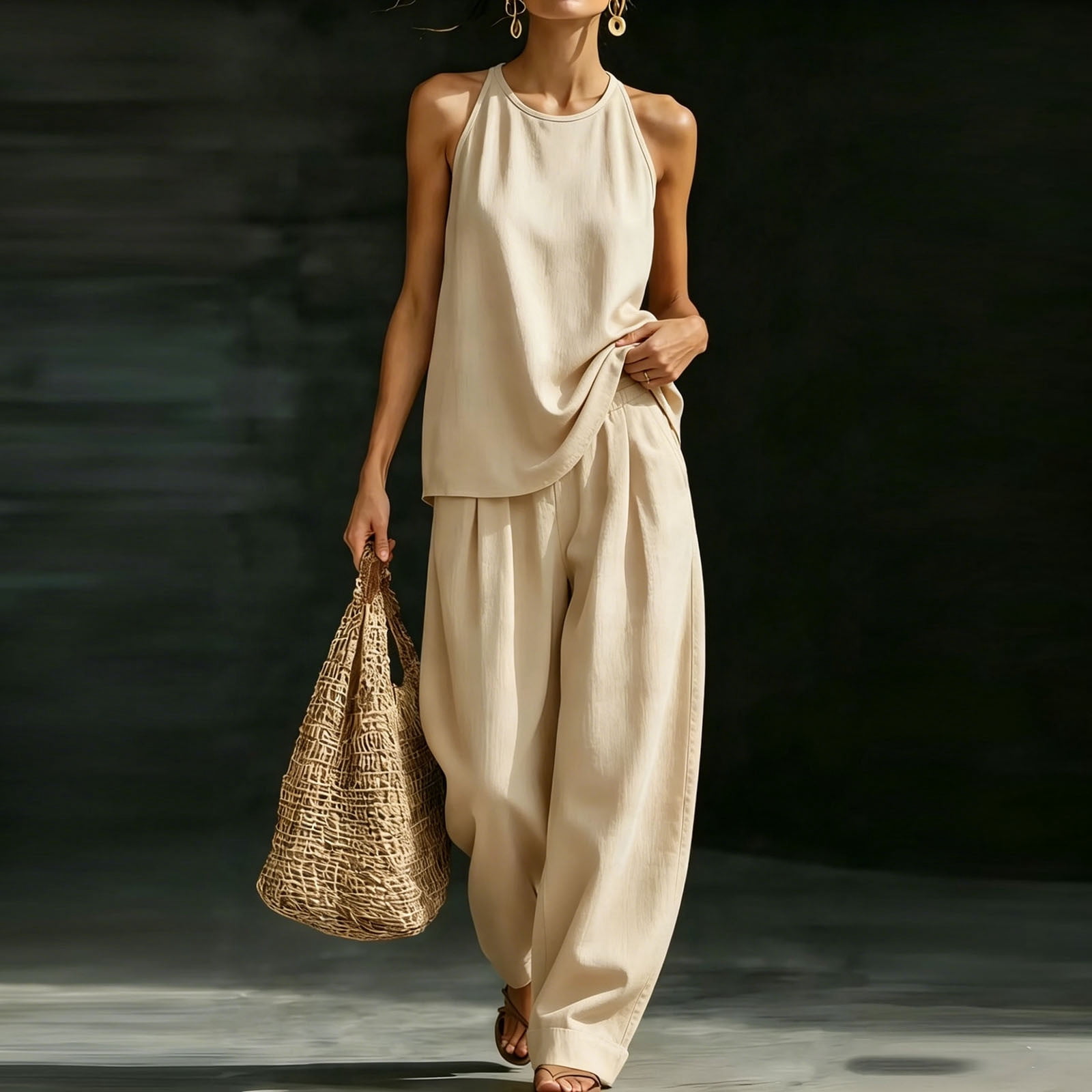 Cagogo Women's 2 Piece Tank Top Wide Leg Pants Set Solid Boho Vacation ...