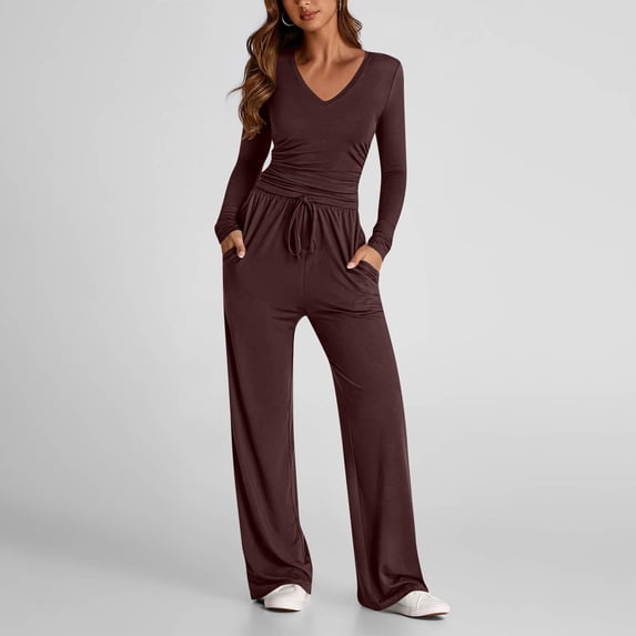 Cagogo Women's 2 Piece V Neck Long Sleeve Tops Wide Leg Pants Set ...