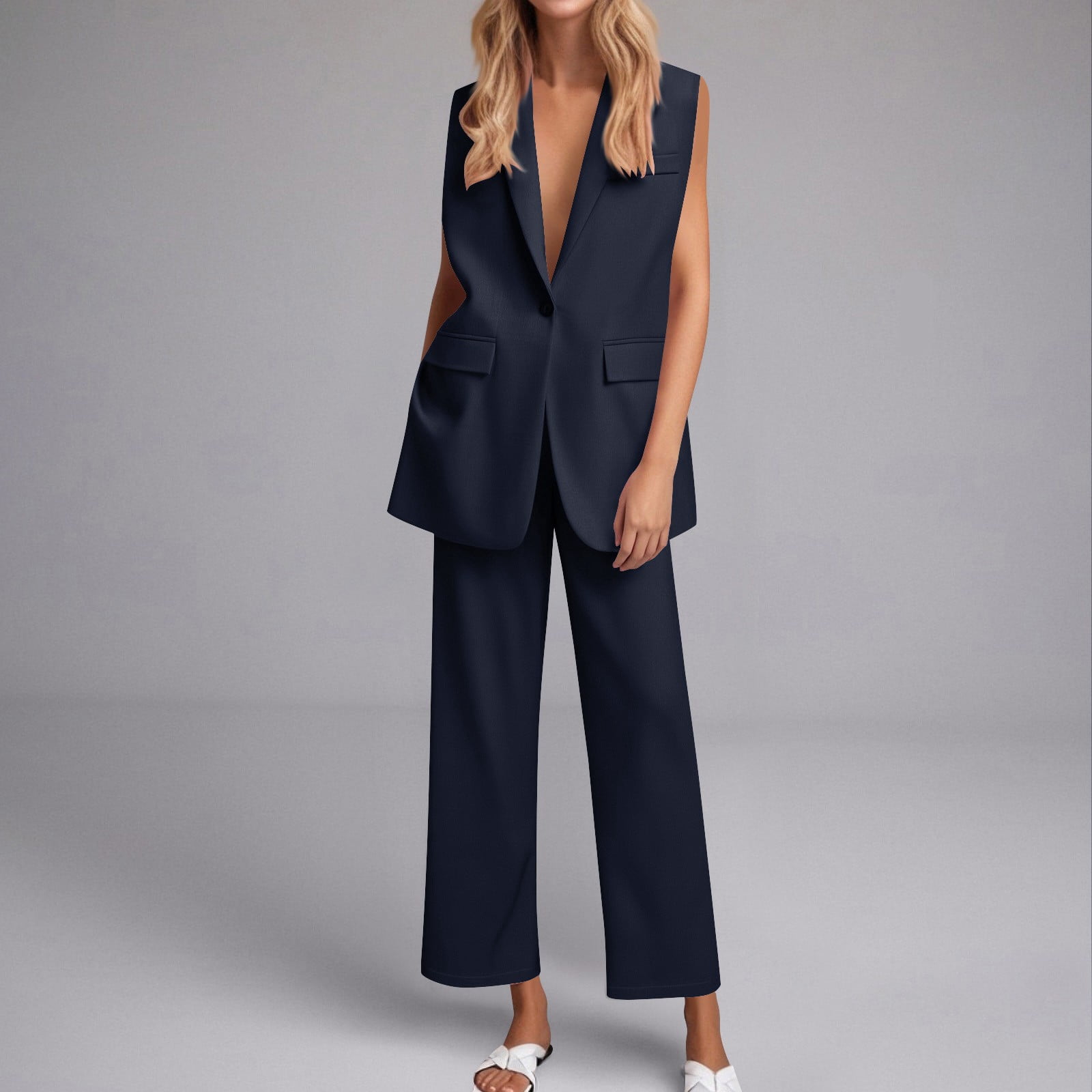 Cagogo Women's 2 Piece V Neck Sleeveless Blazer Set Casual Wide Leg ...