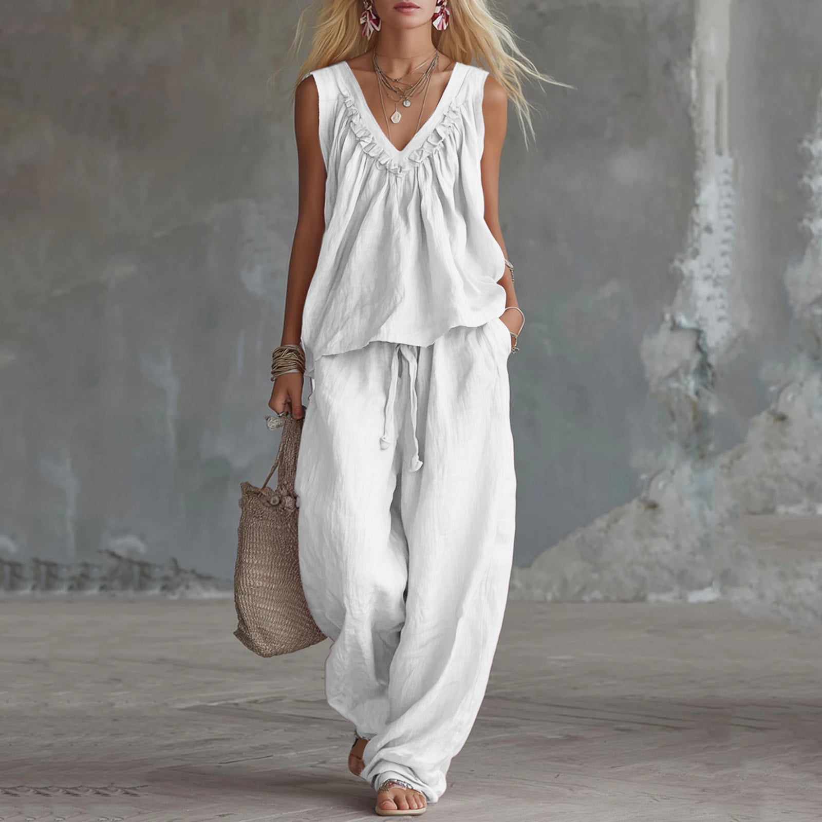 Cagogo Women's 2 Piece V Neck Sleeveless Tank Top Wide Leg Pants Set ...