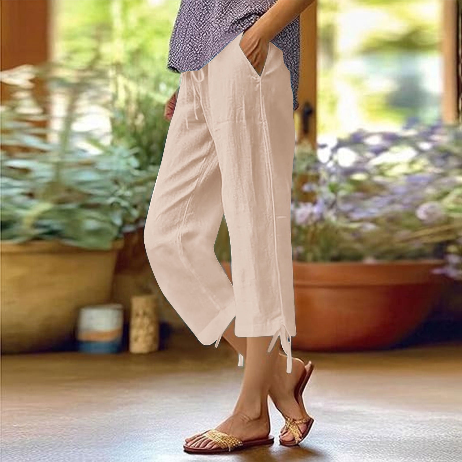 Cagogo Women's Capri Pants Elastic Waist Flowy Summer Casual Solid ...
