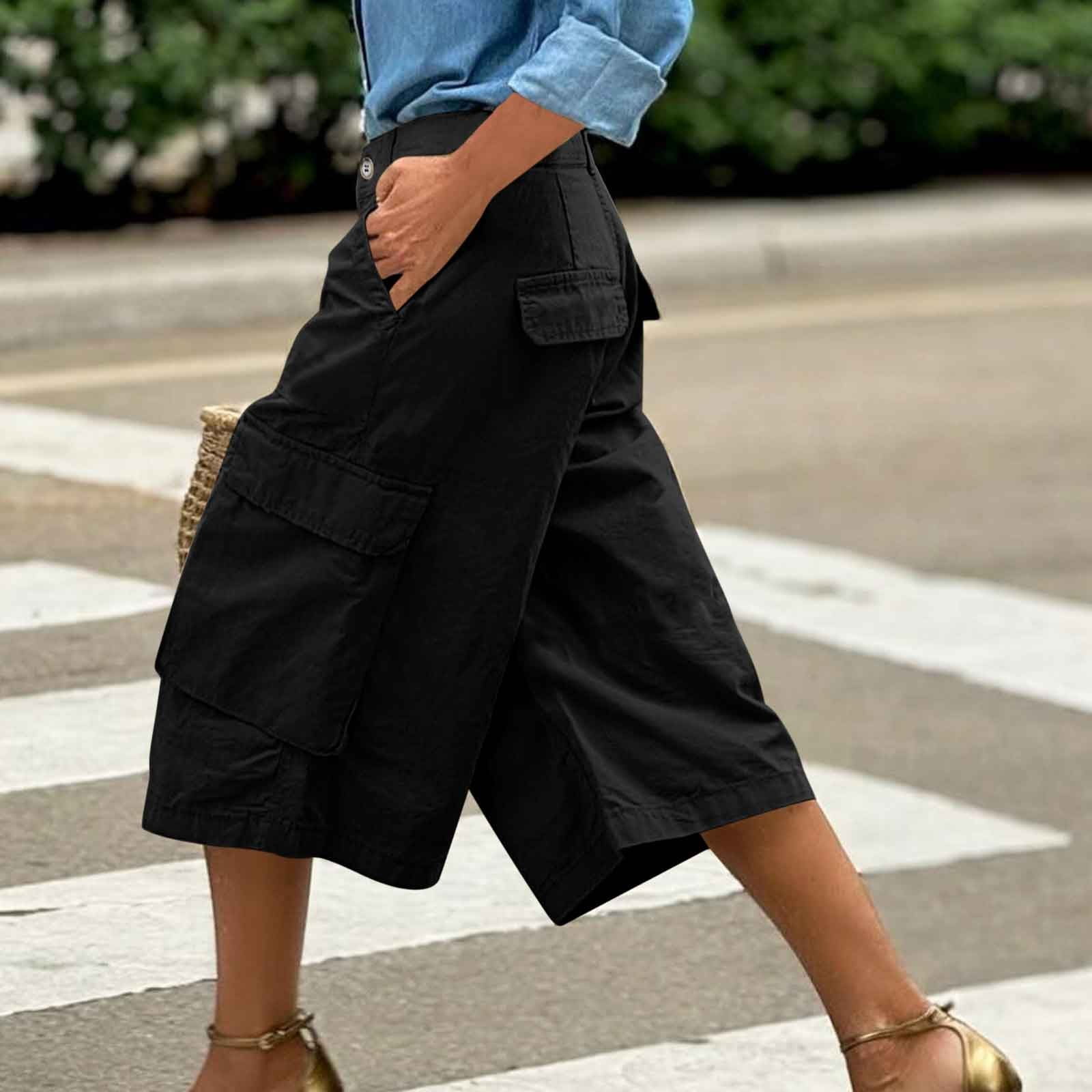 Cagogo Women's Cargo Wide Leg Capri Pants High Waisted Casual Loose ...