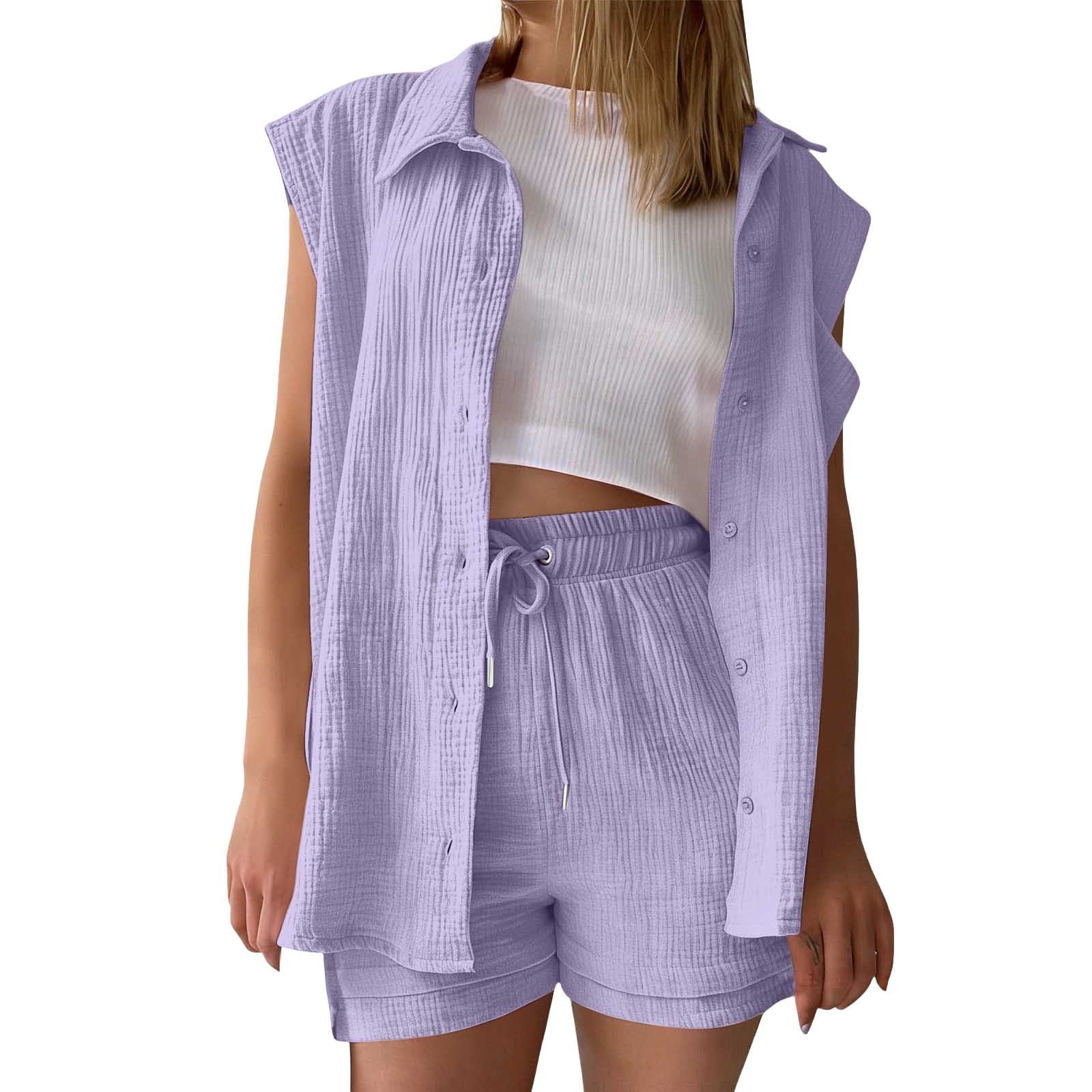 Cagogo Women's Collared Sleeveless Two Piece Set Solid Basic Casual ...