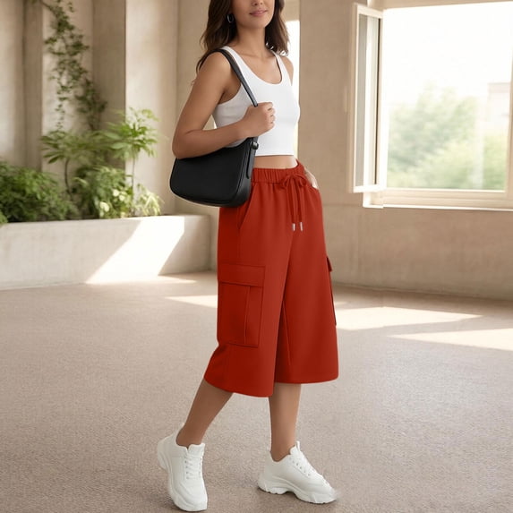 Cagogo Women's Drawstring Cargo Wide Leg Capri Pants Loose Casual ...