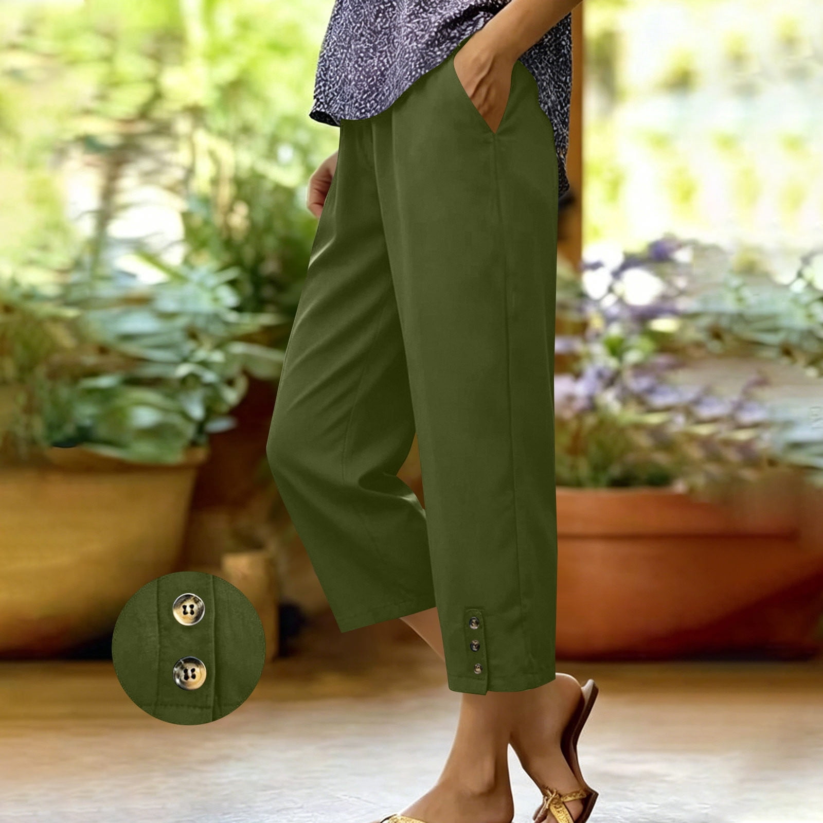 Cagogo Women's Elastic Waist Capri Pants with Pockets Casual Loose Fit ...