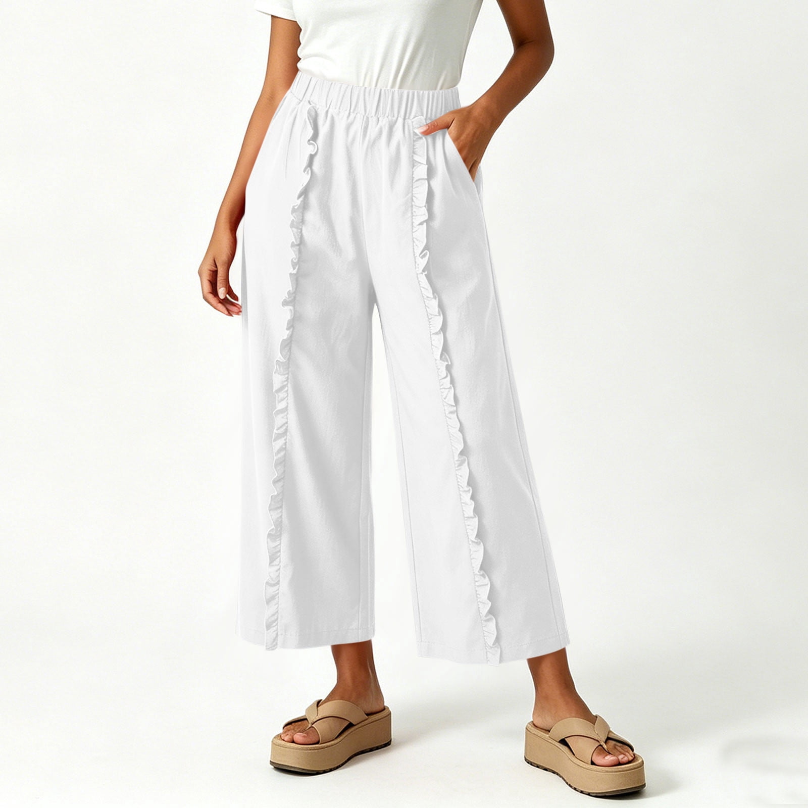 Cagogo Women's Elastic Waist Wide Leg Palazzo Pants with Pockets Solid ...
