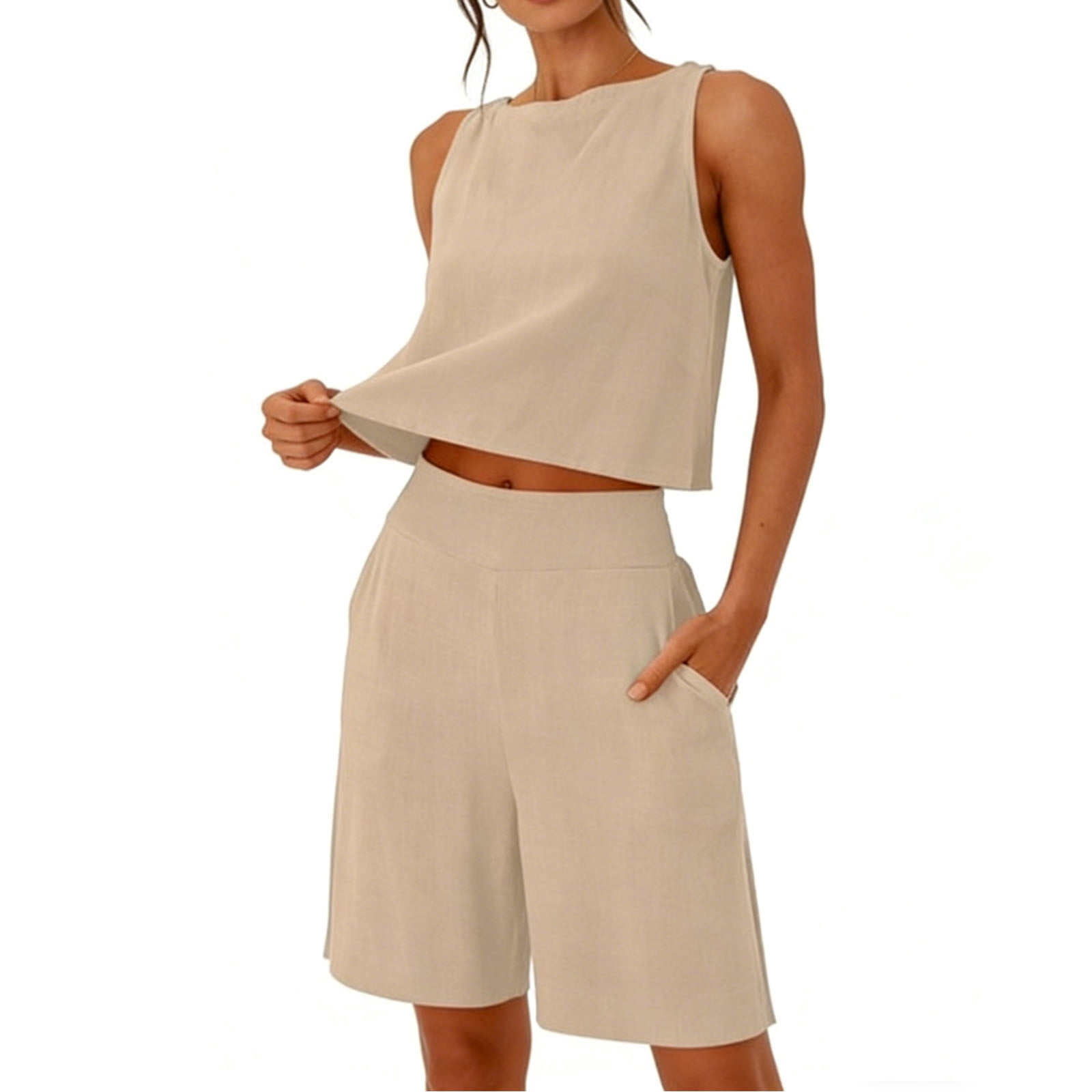 Cagogo Women's Round Neck Sleeveless Crop Top Shorts Set Casual Wide ...