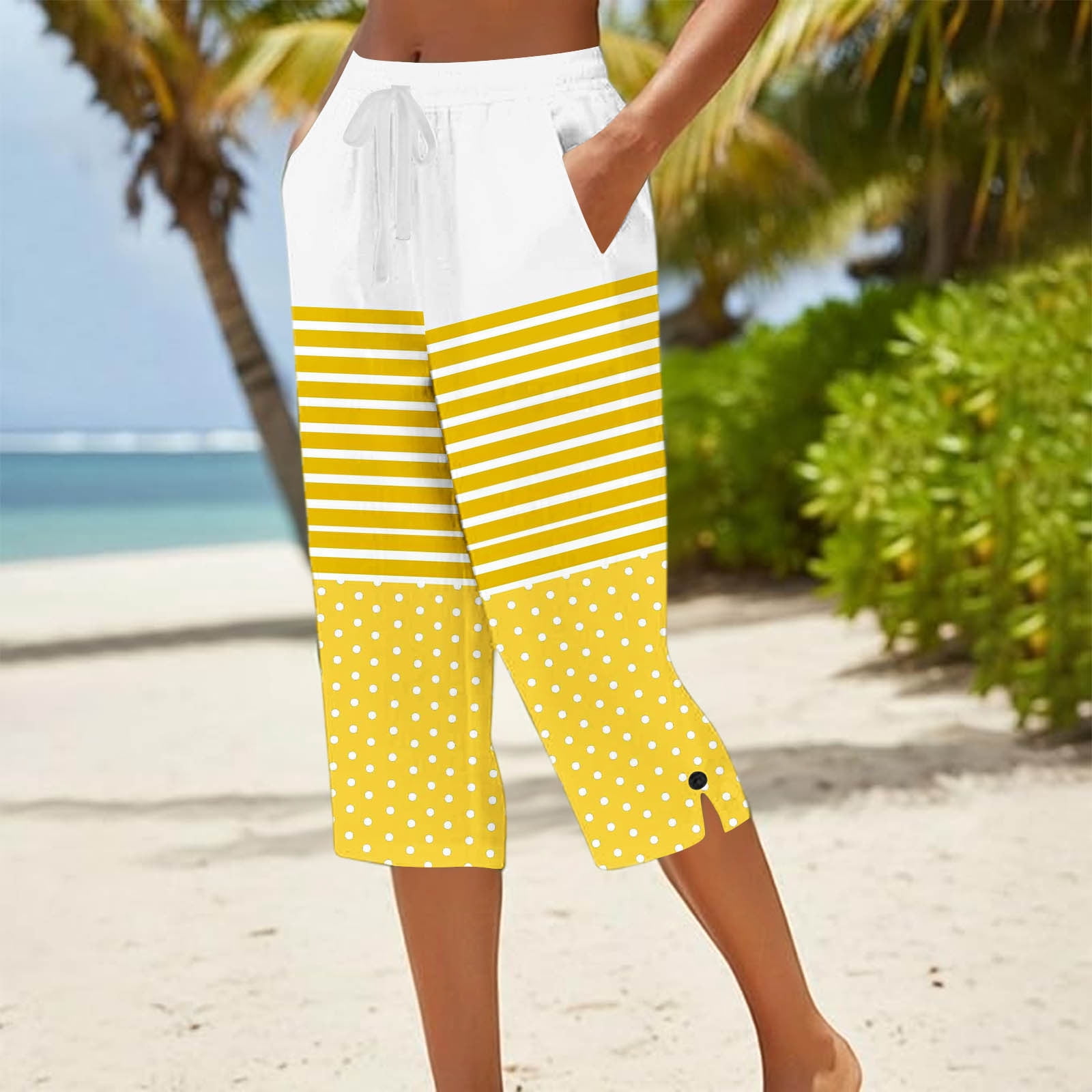 Cagogo Women's Striped Polka Dot Capri Pants Drawstring Loose Fit ...