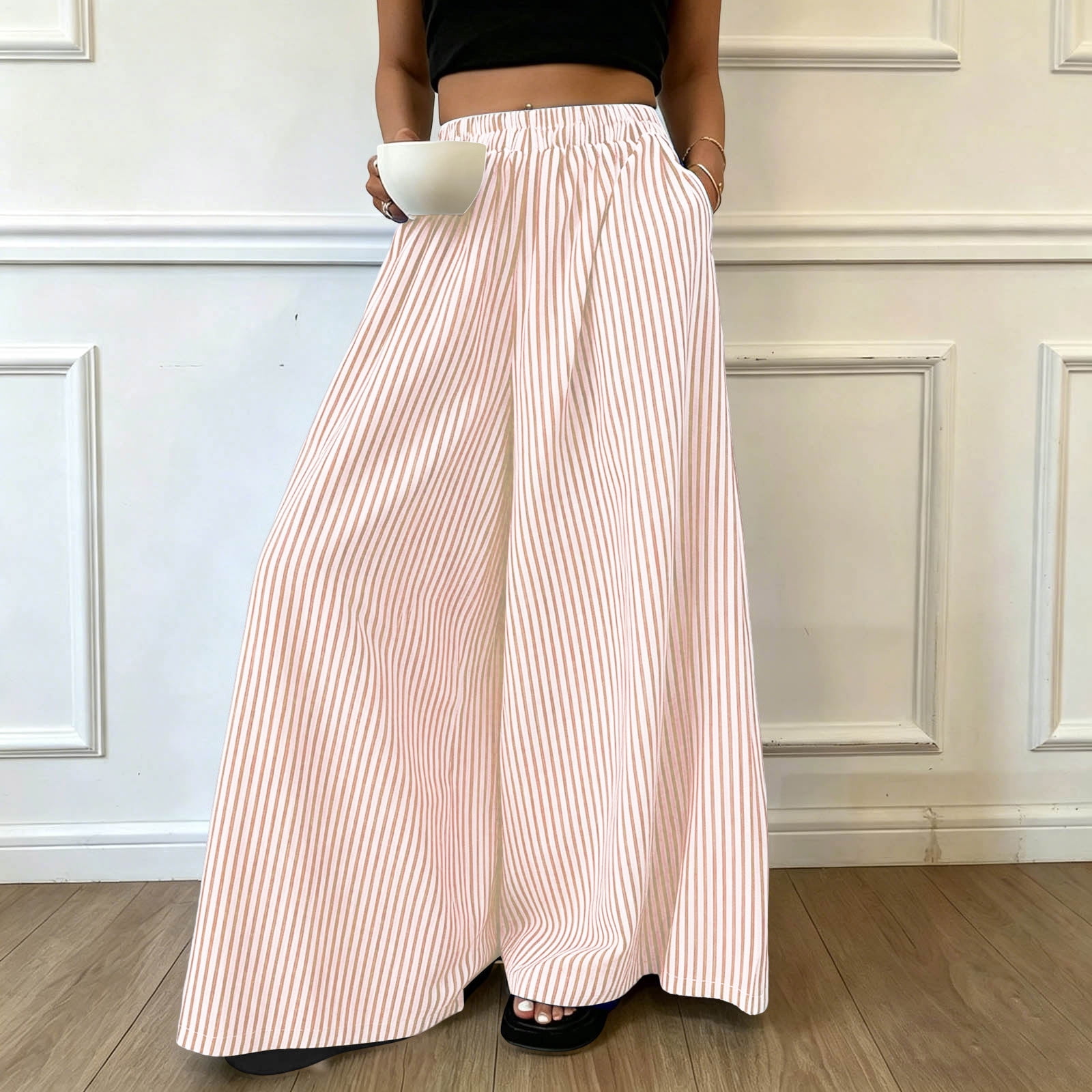 Cagogo Women's Striped Wide Leg Pants Elastic Waist Casual Loose Flowy ...