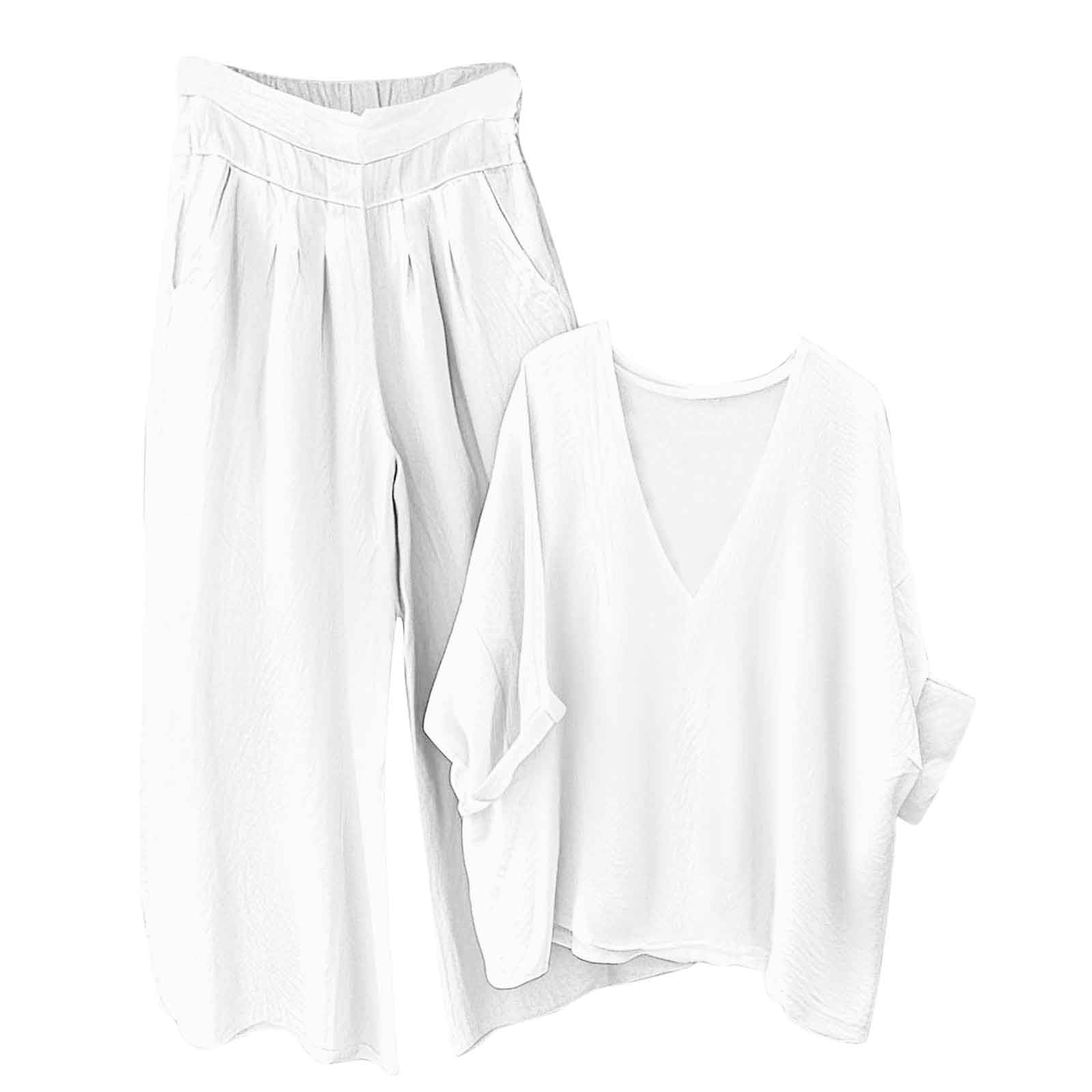 Cagogo Women's V Neck Short Sleeve Tshirt 2 Piece Set Casual Wide Leg ...